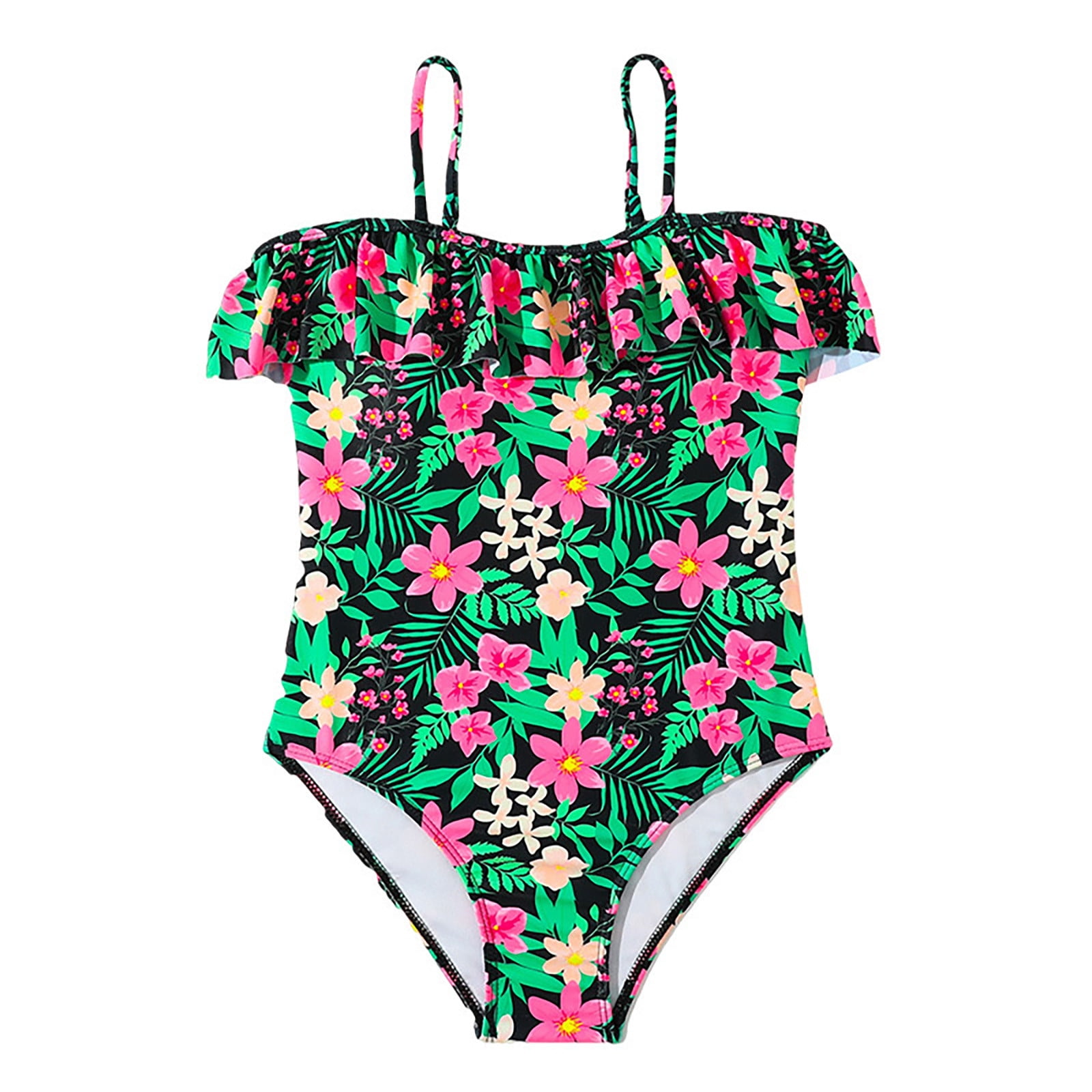 Fshinging Kids Swimsuits Tropical Flower Leaves Print Ruffle One Piece ...