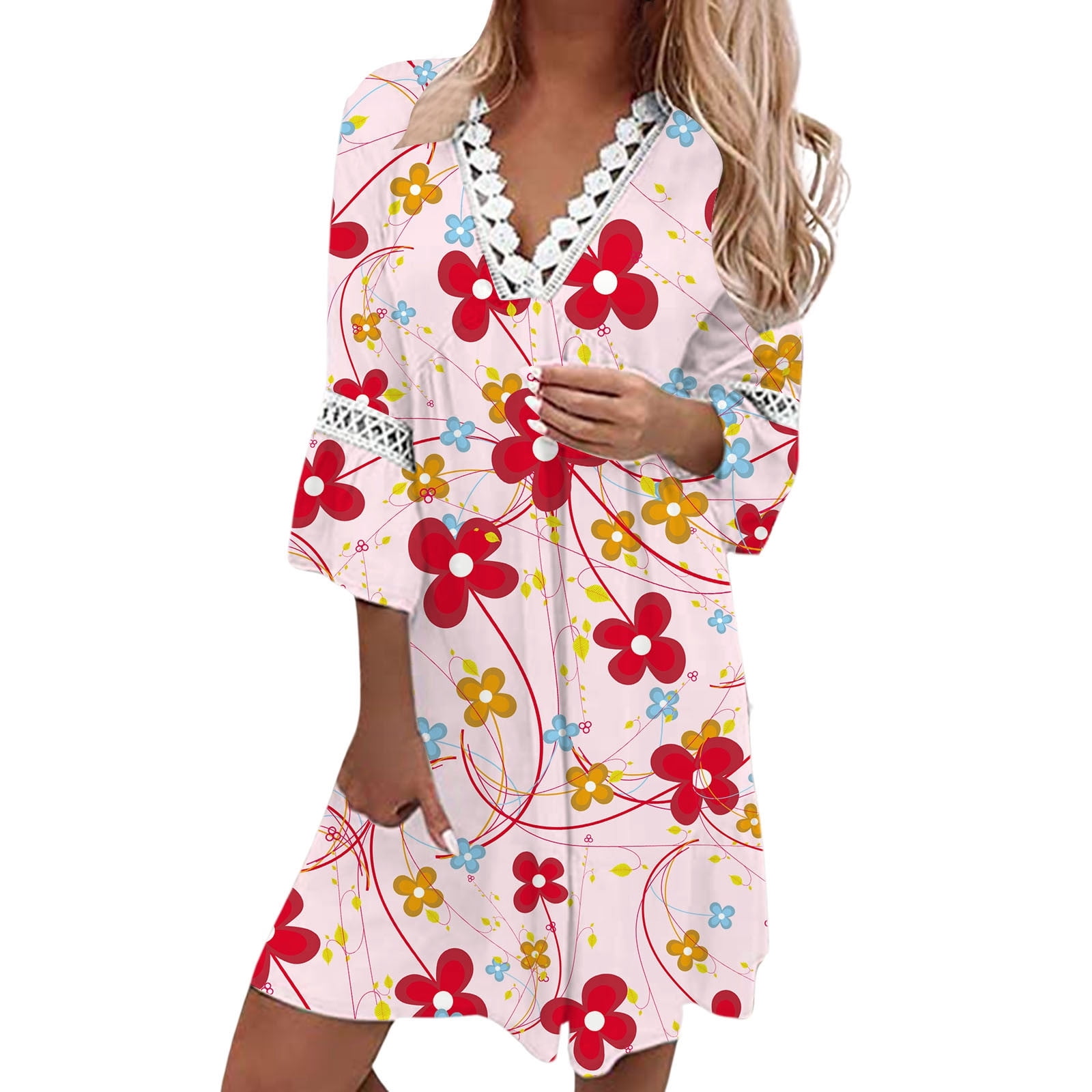 Fshinging Maxi Dresses For Seniors Ethnic Style Lace Trim V Neck Floral ...