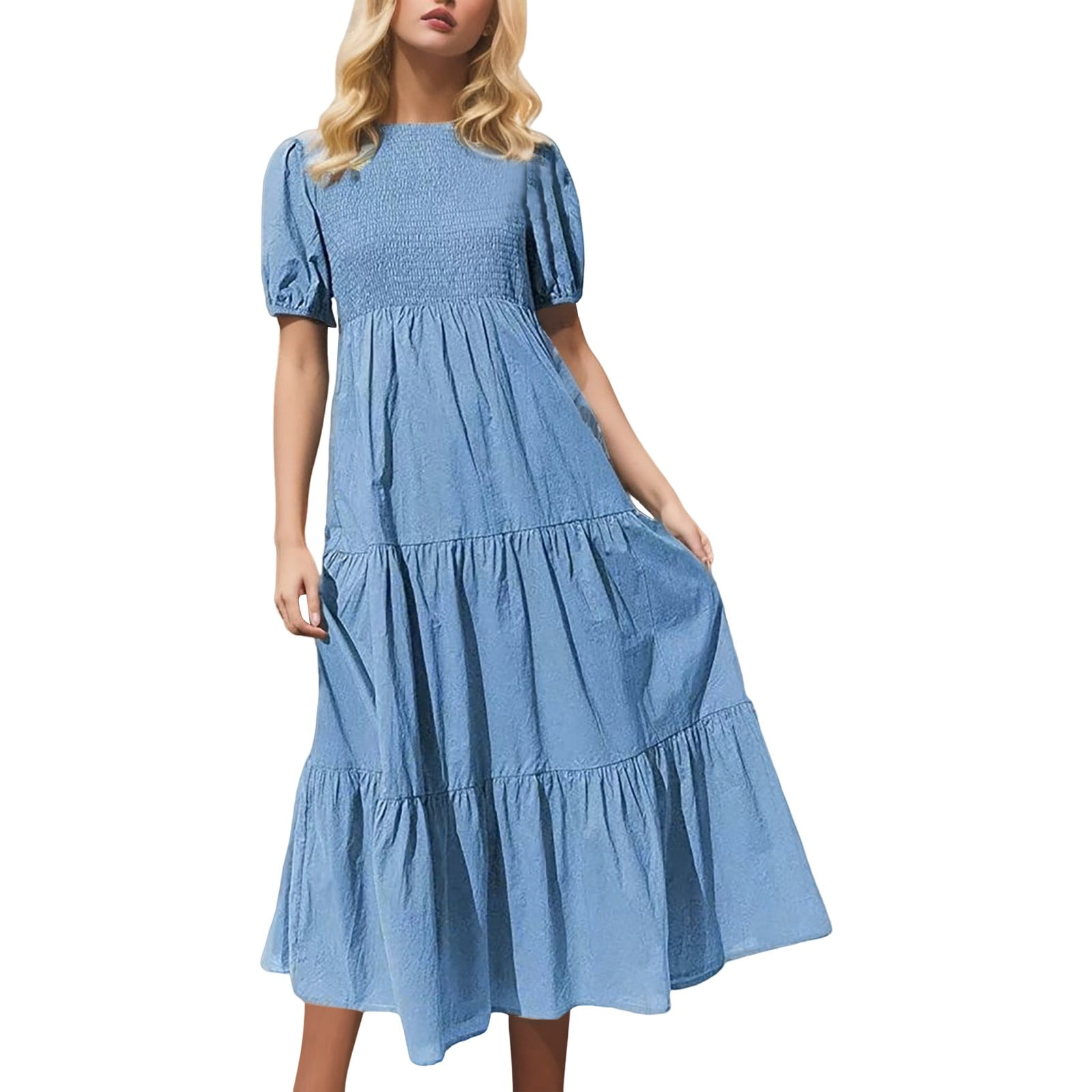 Fshinging Maxi Dresses For Seniors Puff Short Sleeve Solid Pleated Wrap ...