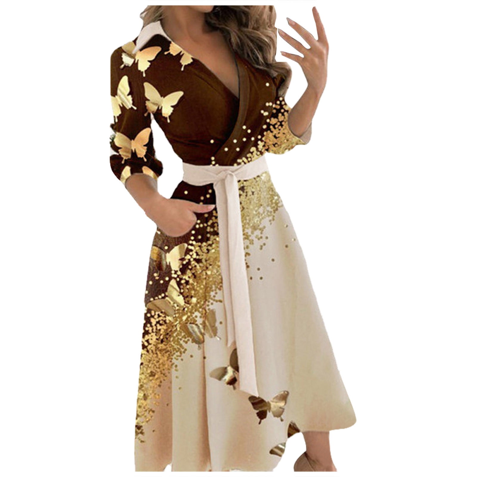 Fshinging Midi Dresses For Women Butterfly Print Color Block Long ...