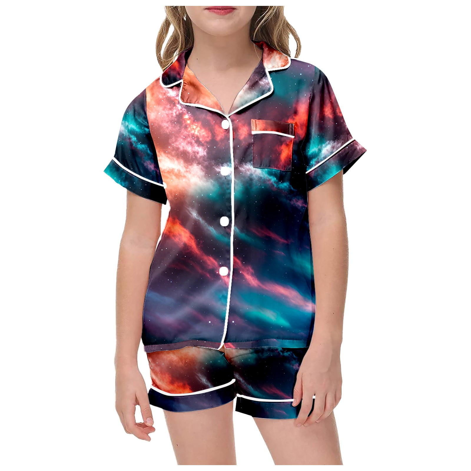 Fshinging Soft Pajama Fot Girls Starry Sky Theme Print Button Down ...