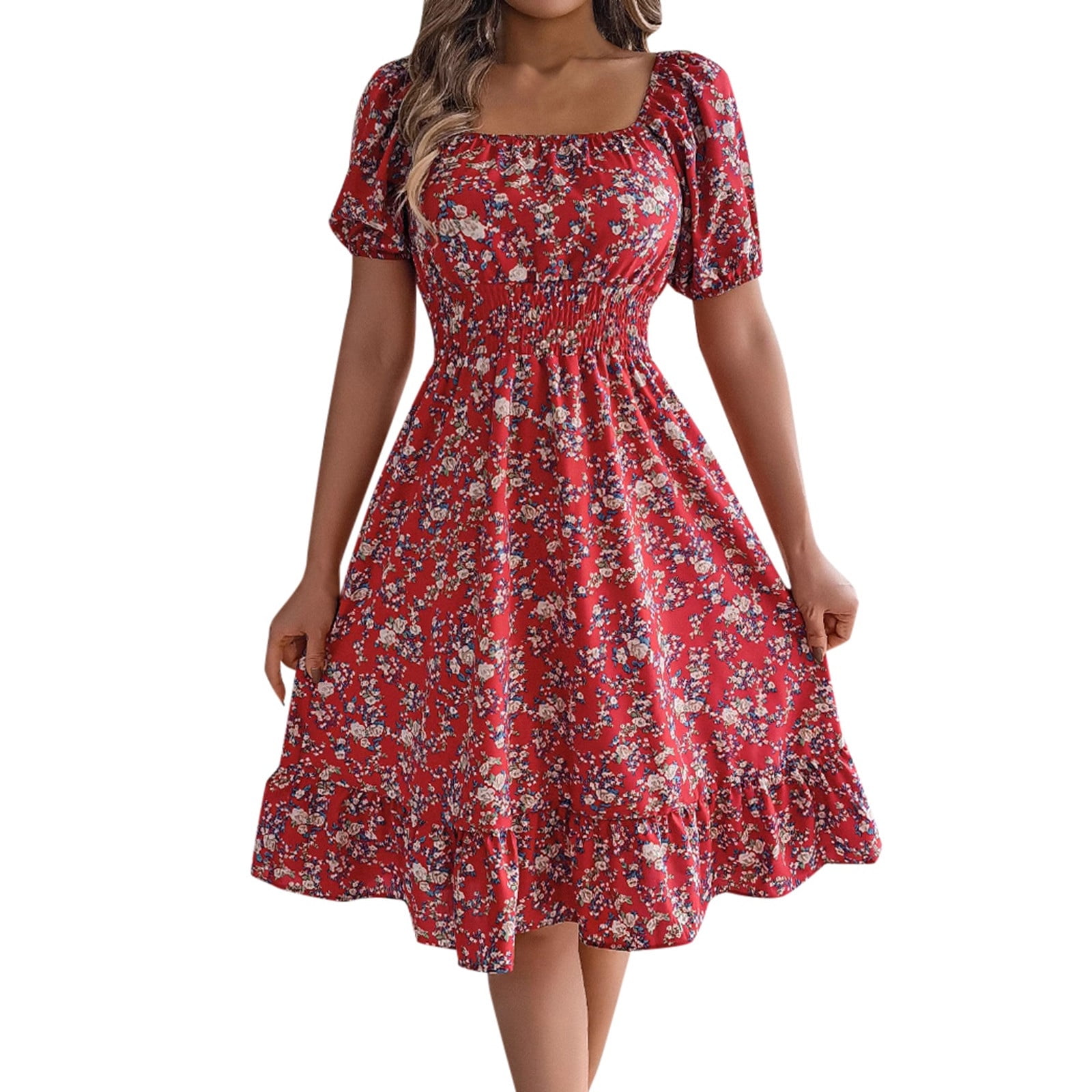 Fshinging Summer Dresses Floral Print Square Neck Short Sleeve Waist A ...