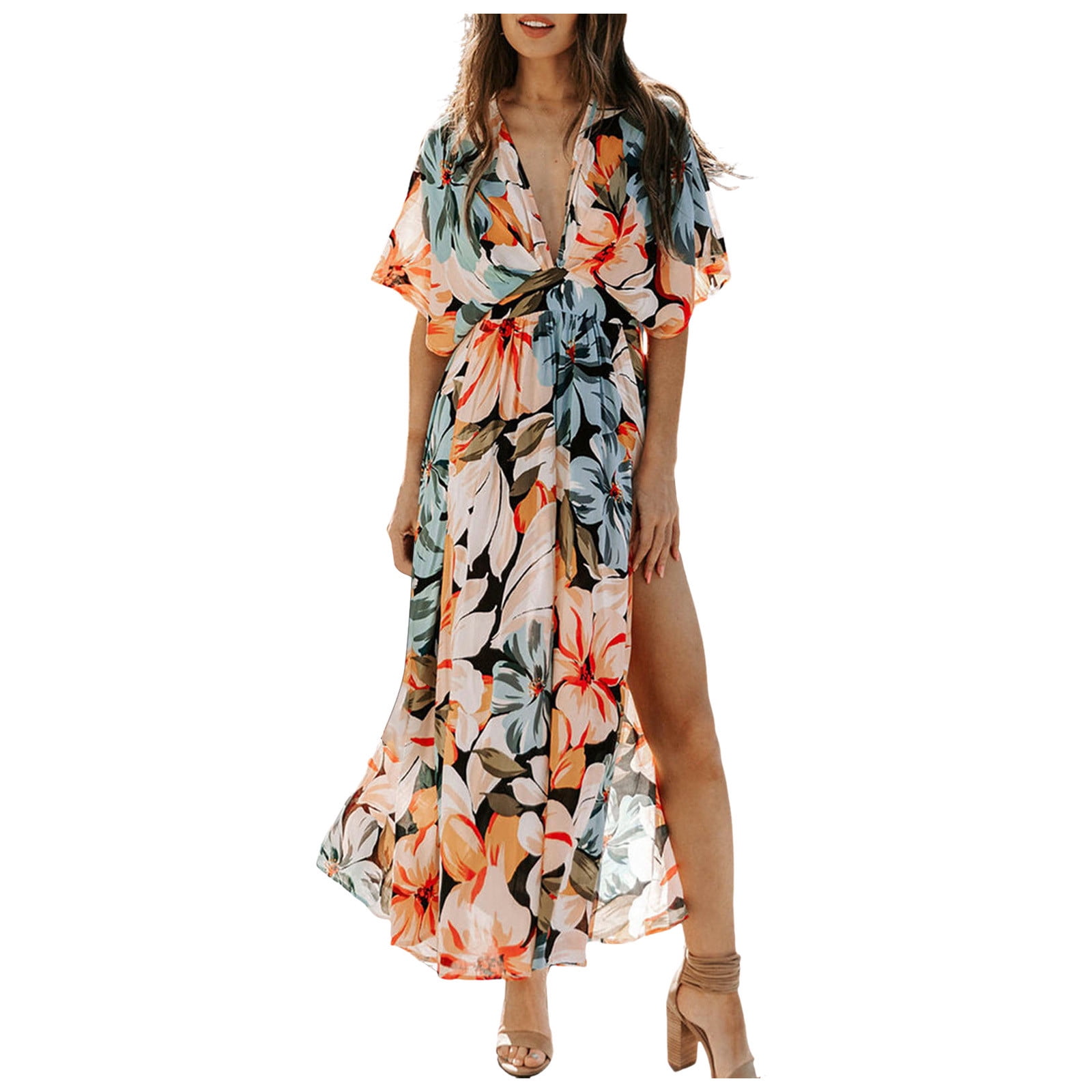 Fshinging Summer Dresses For Women 2025 Boho Floral Print Short Sleeve ...