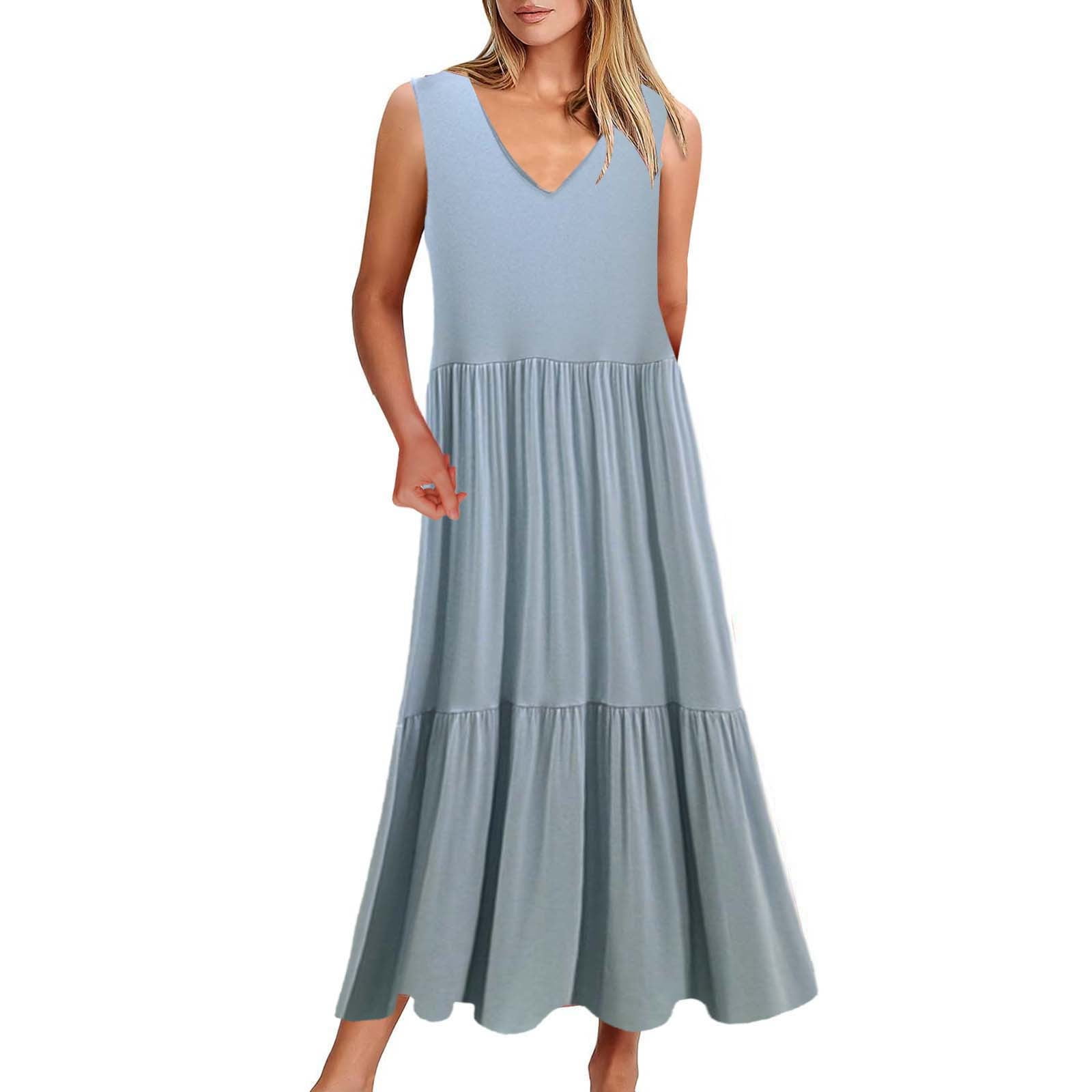 Fshinging Summer Dresses For Women 2025 Casual Sleeveless V Neck Solid Slim Swing Casual Mid ...