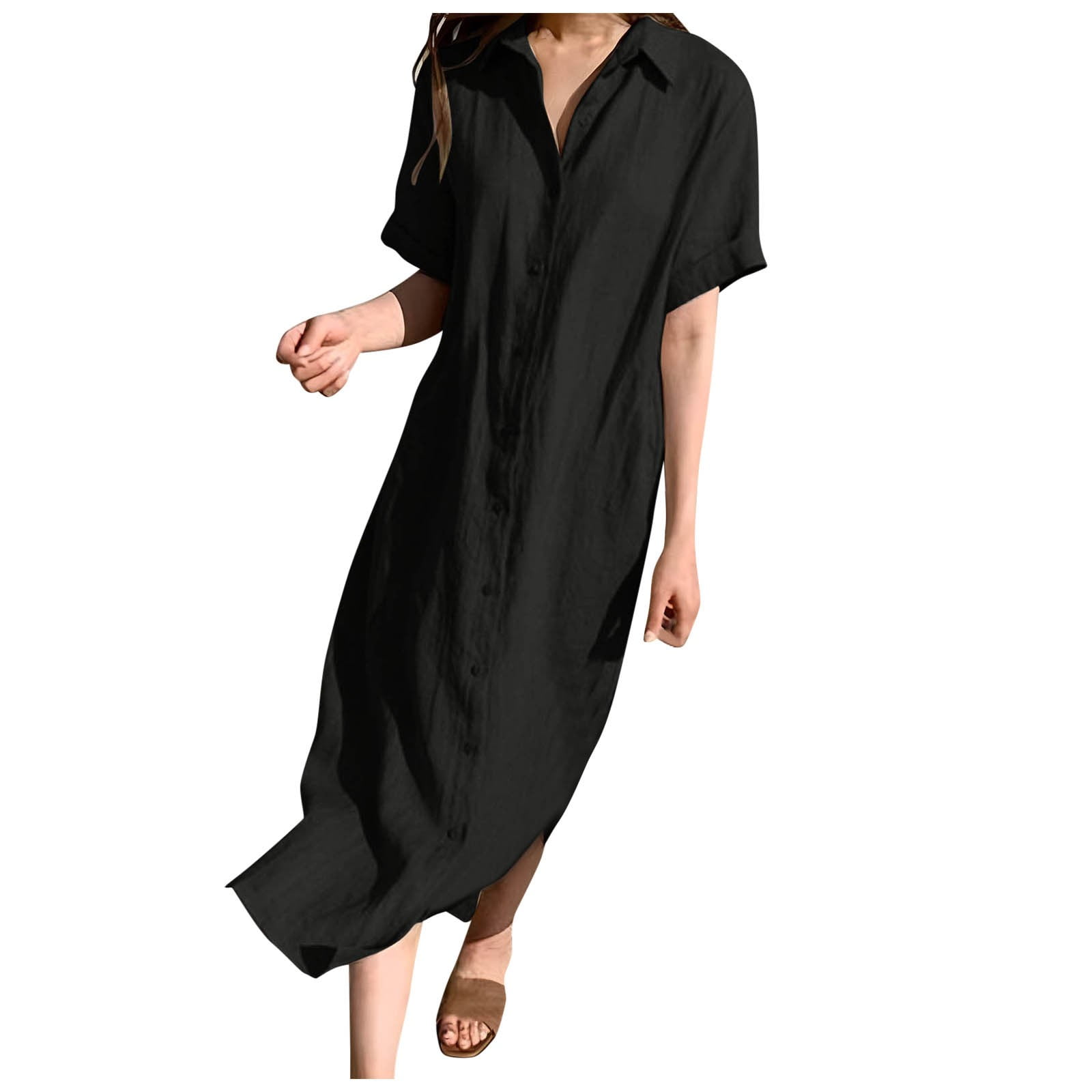 Fshinging Summer Dresses For Women 2025 Solid Short Sleeve Lapel Button ...
