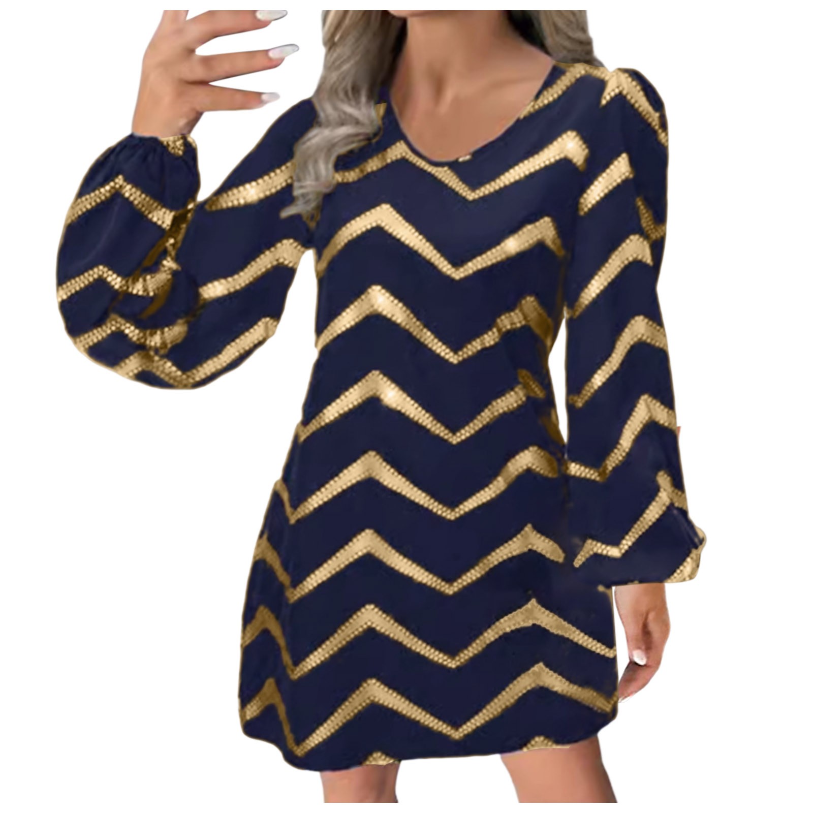 Fshinging Summer Dresses For Women Gold Wave Stripe Print Long Sleeve V ...