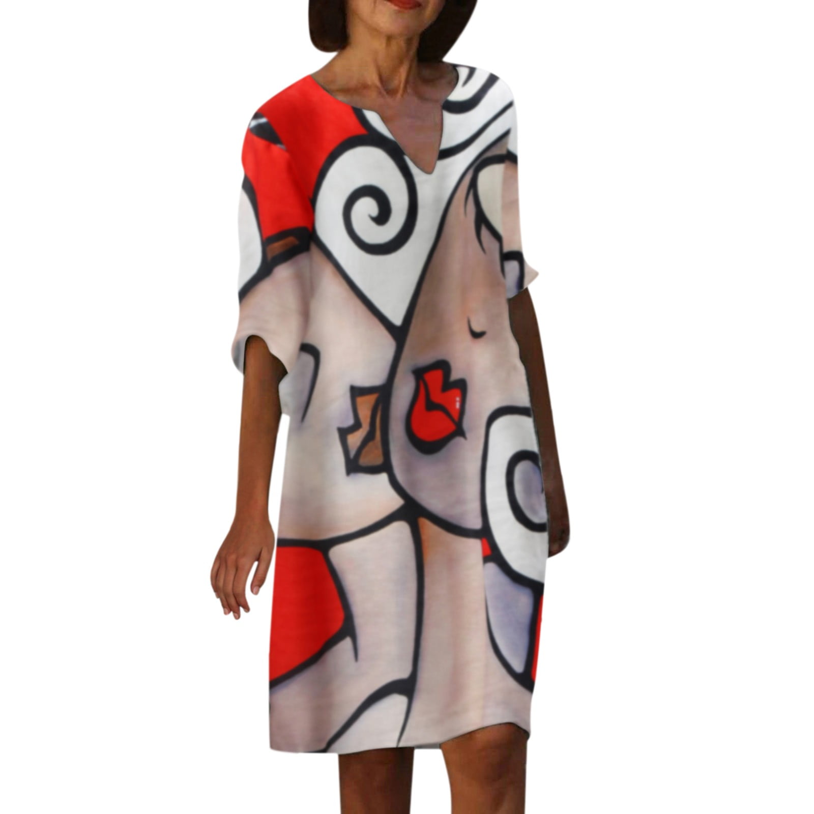 Fshinging Summer Dresses For Women Half Sleeve V Neck Sexy Print Knee Length Midi Sun Dress ...