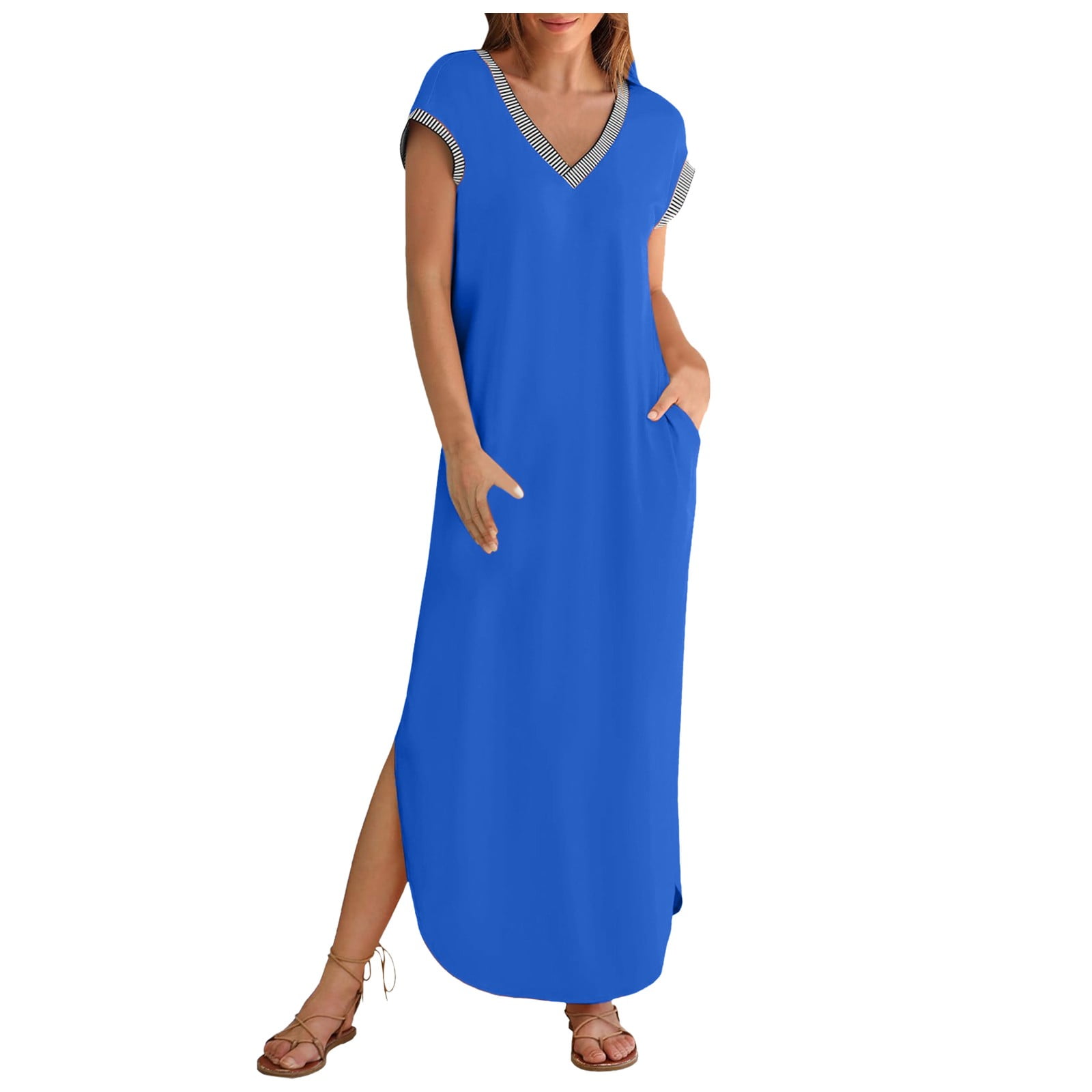 Fshinging Summer Dresses For Women Short Sleeve Maxi V Neck Split Loose ...