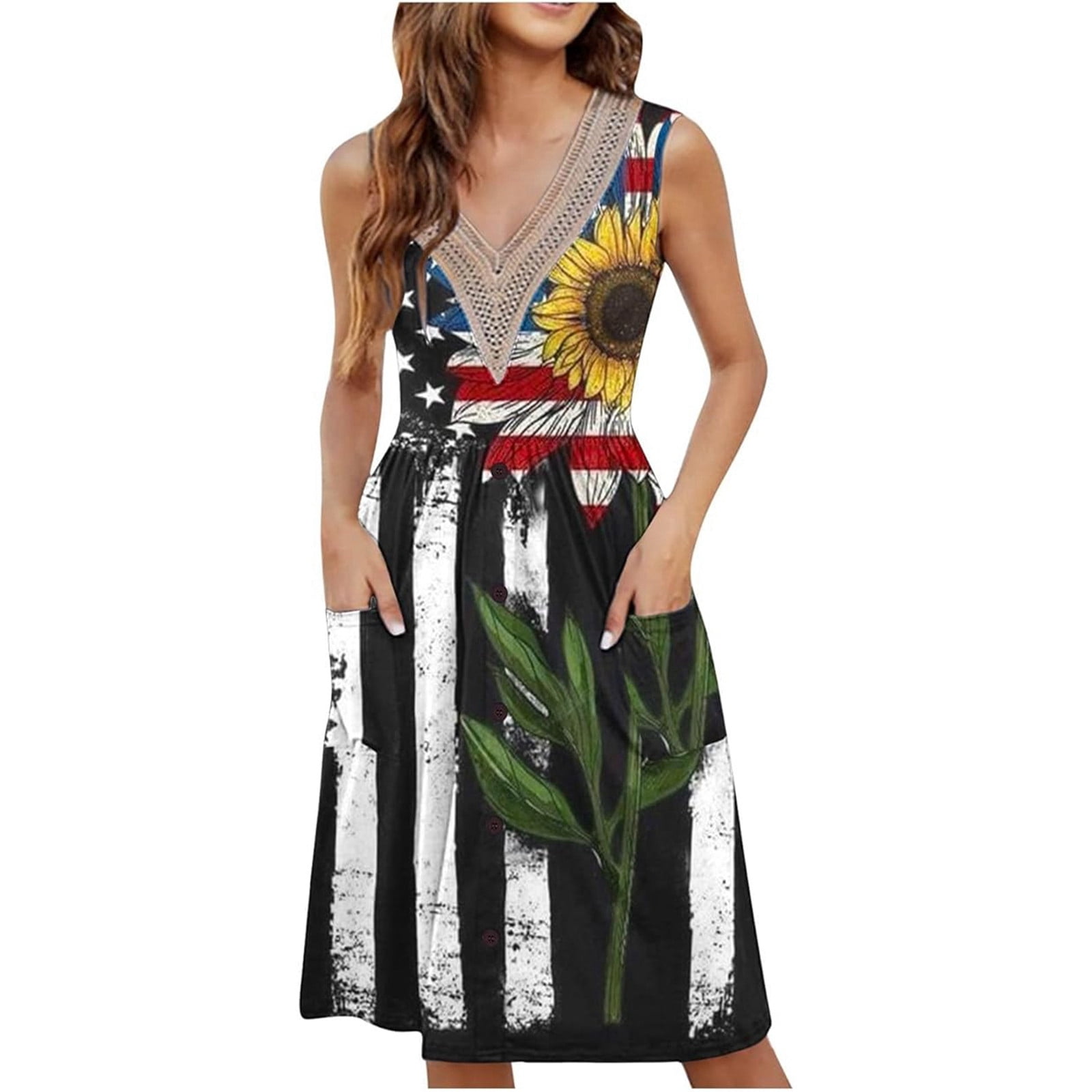 Fshinging Summer Dresses Independence Day Summer Patchwork Lace V Neck ...