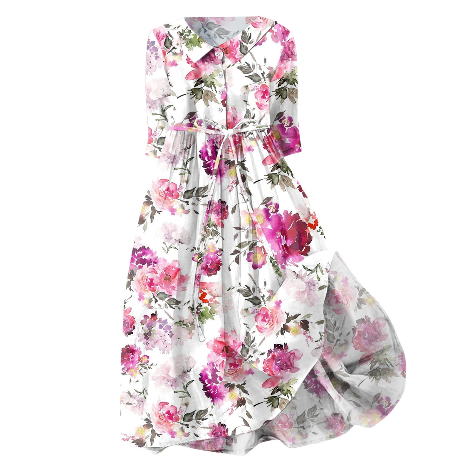 Fshinging Summer Dresses Korean Style Lace Up Waist Defined Shirt Midi ...