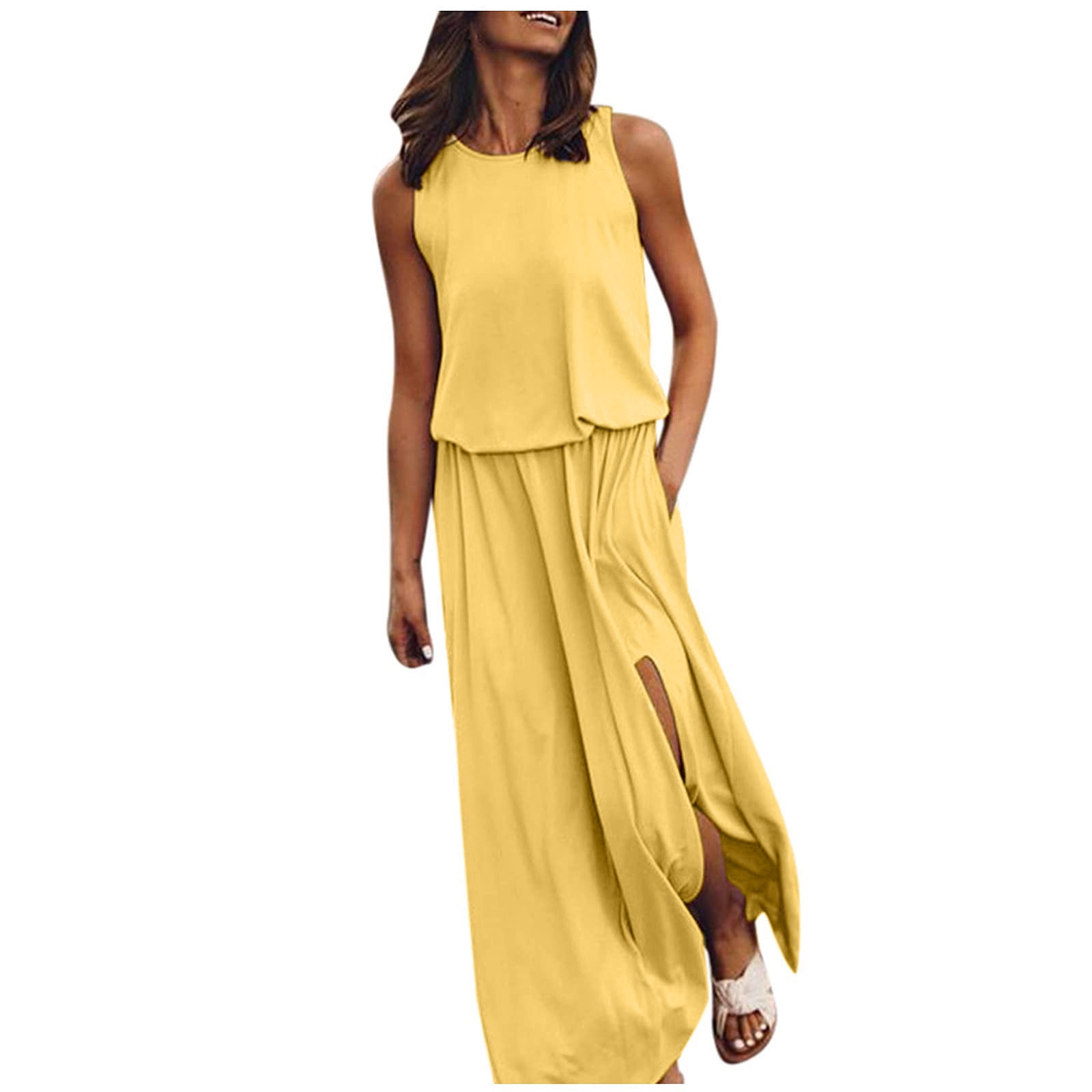 Fshinging Summer Dresses Round Neck Sleeveless With Slit Solid Color ...
