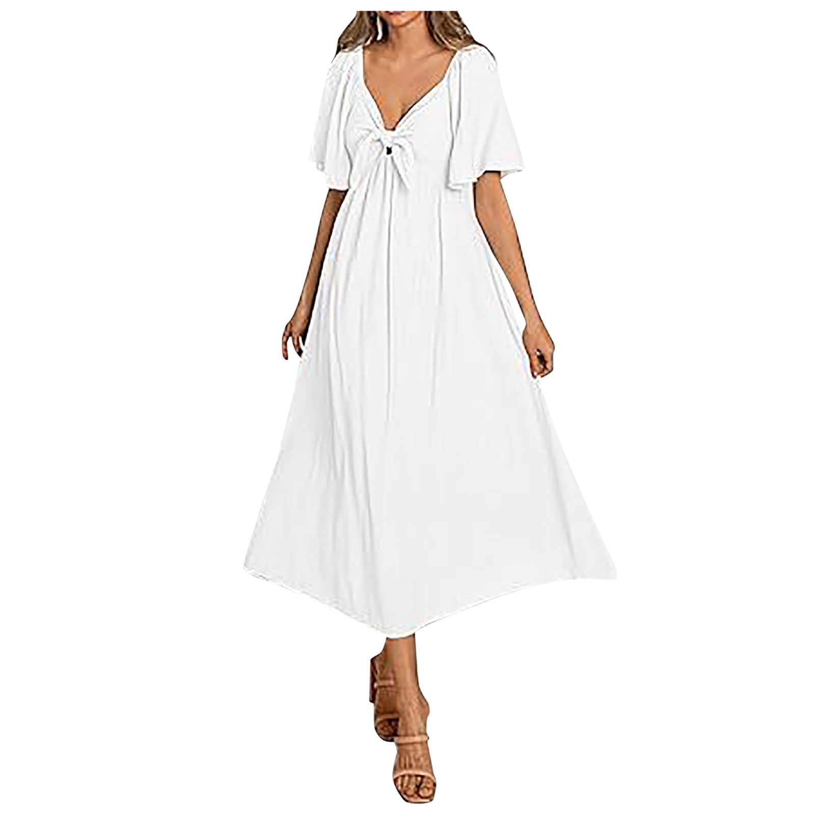 Fshinging Summer Dresses Short Sleeves V Neck Button Drawstring Maxi ...