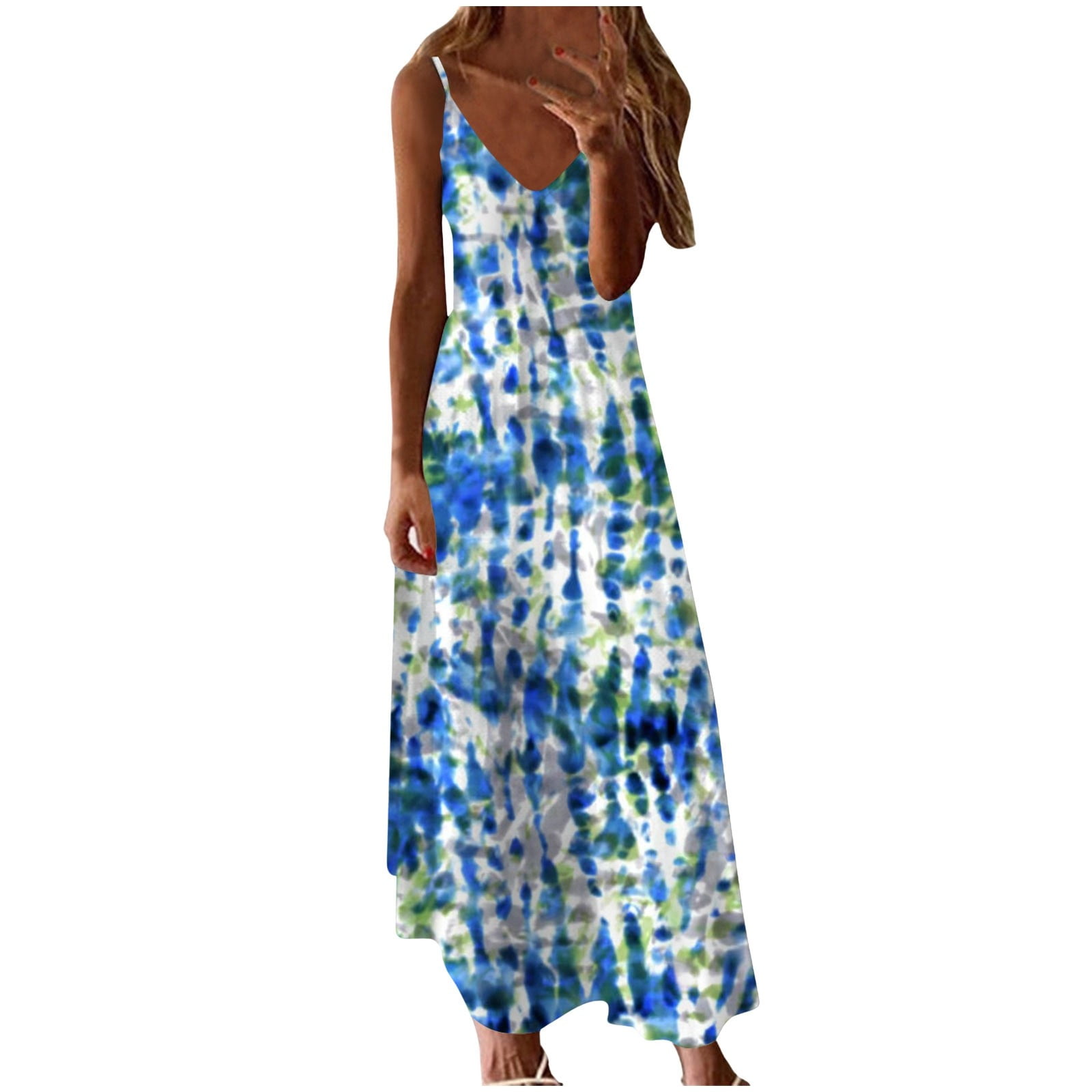 Fshinging Summer Dresses Tie-Dye Color Block Sleeveless Casual Flowy ...