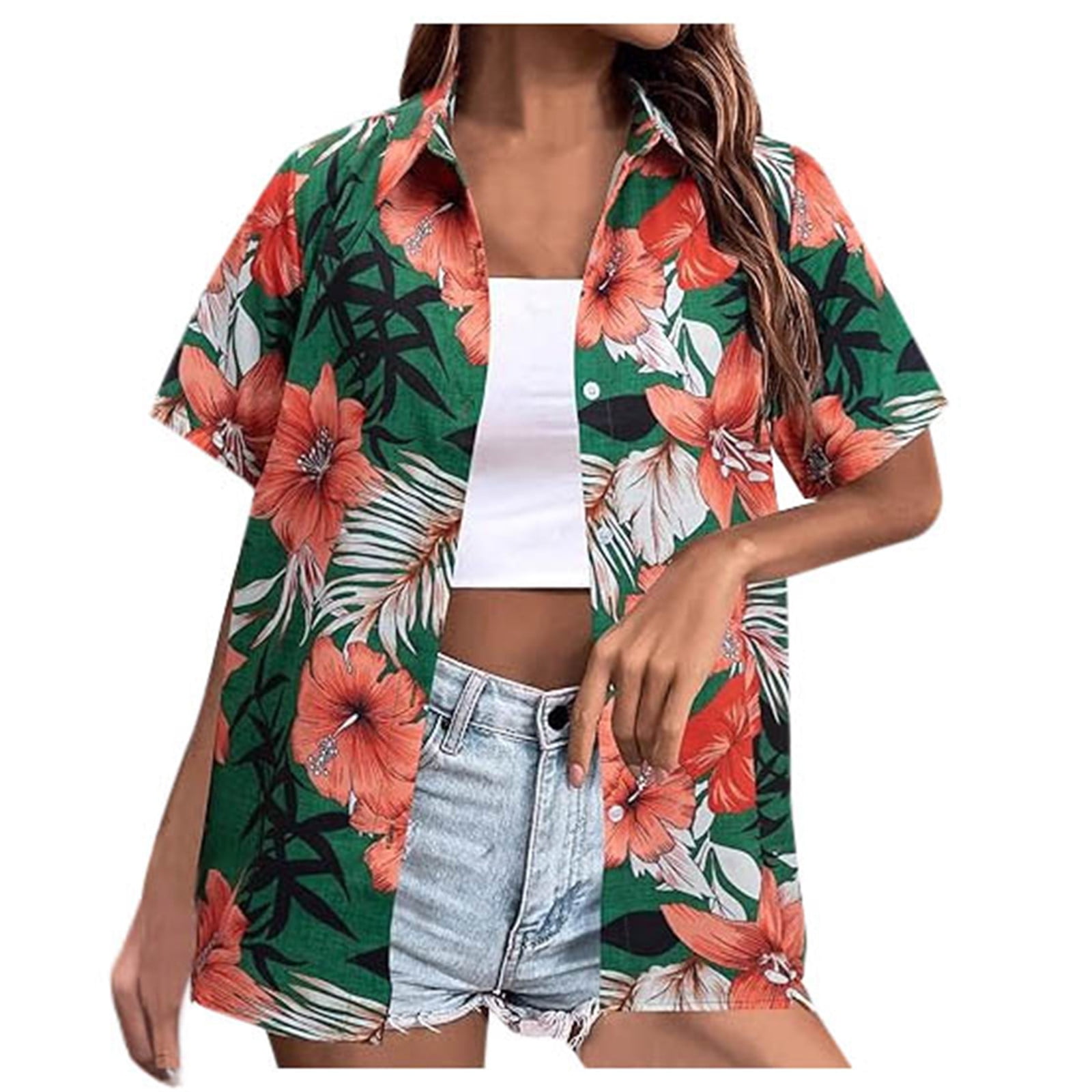 Fshinging Summer Tops For Women Hawaiian Flower Print Vacation Beach ...