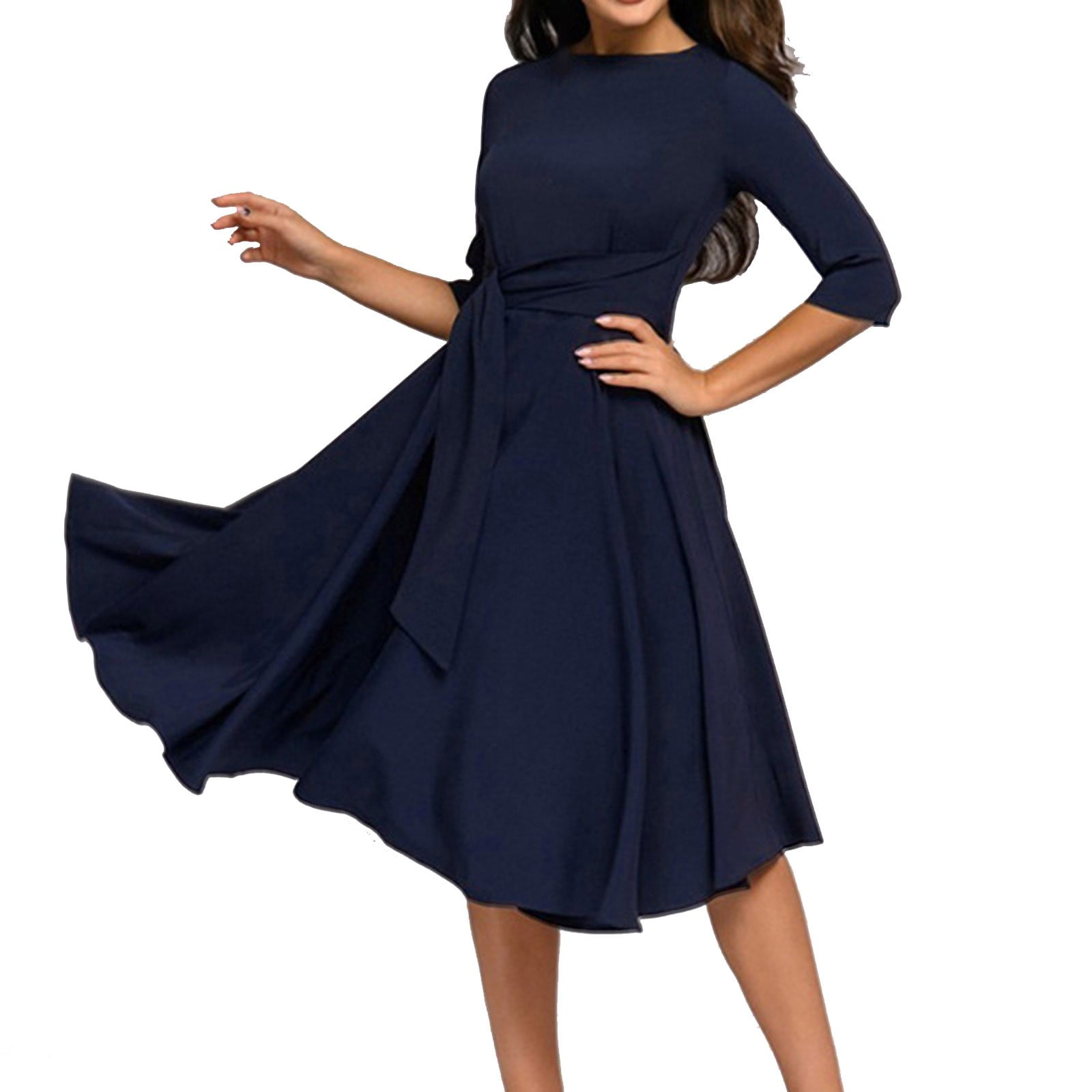 Fshinging Summer Women Dresses 2025 Round Necked Mid Sleeve Belt Waist ...