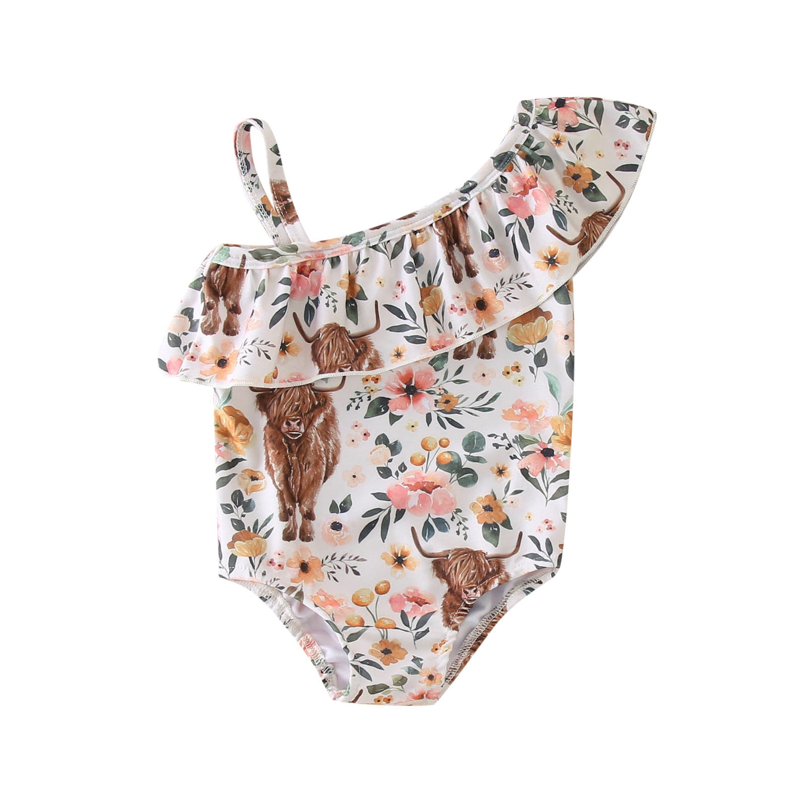 Fshinging Swimsuits For Girls 2025 Summer Ruffles One Piece Cartoon Cow ...