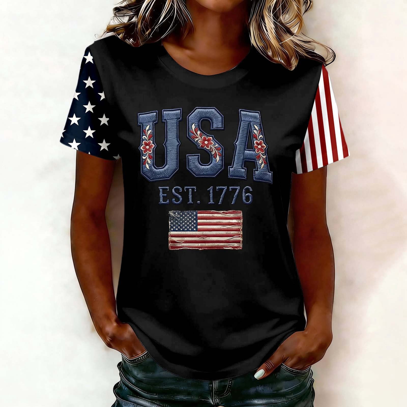 Fshinging Tees Tops For Women T-Shirts Patchwork Short Sleeve 4th of ...
