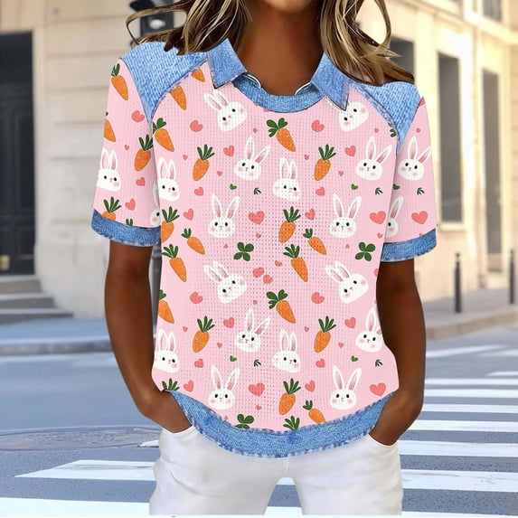 Fshinging Tops For Women T-Shirts Easter Cute Rabbit Graphic Patchwork ...