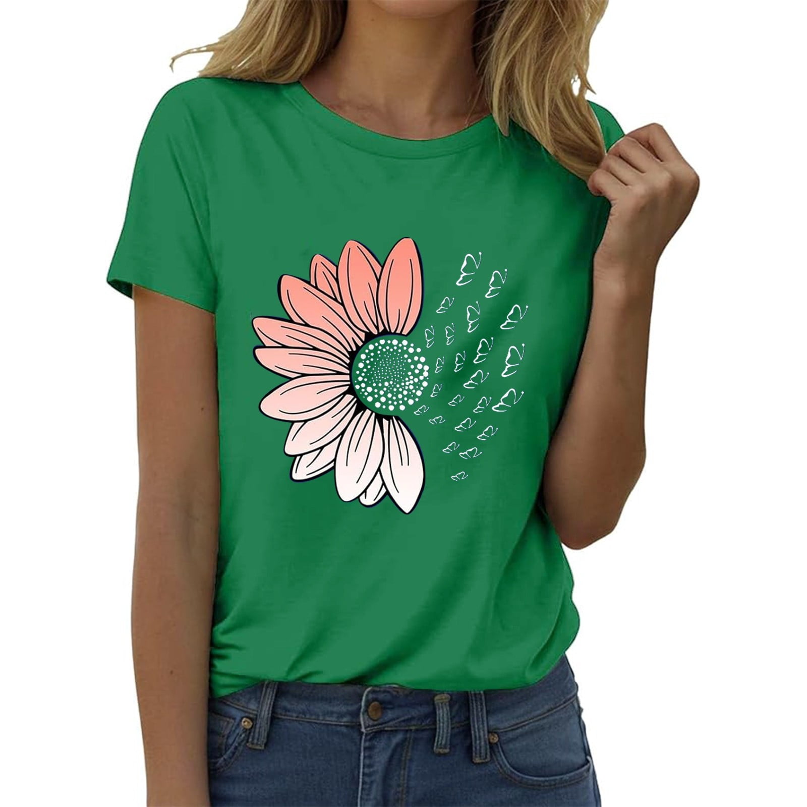 Fshinging Tops for Women Summer T Shirts Plus Size Flower Print Short ...