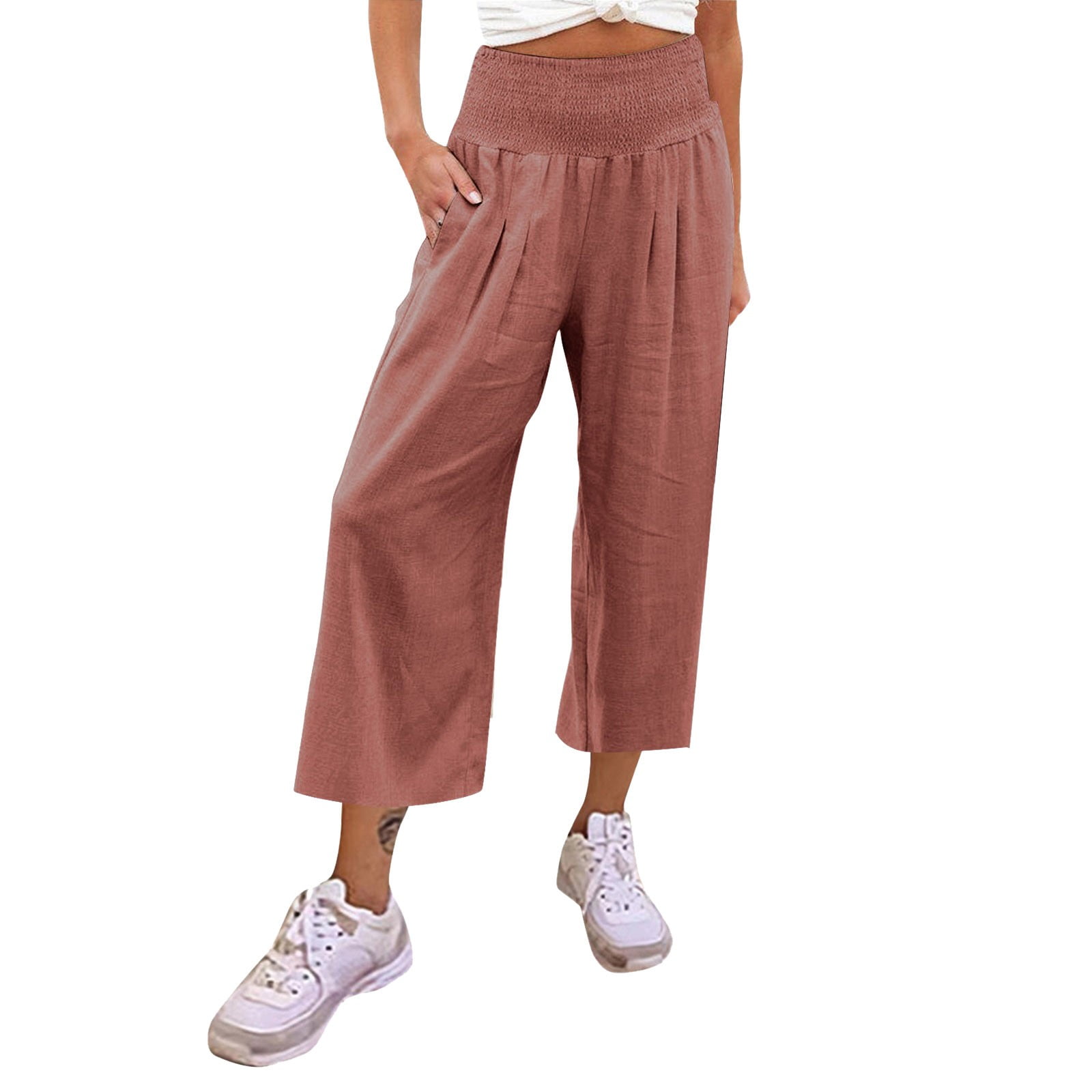 Fshinging Women Dress Pants High Waist Pockets Elastic Waist Solid ...