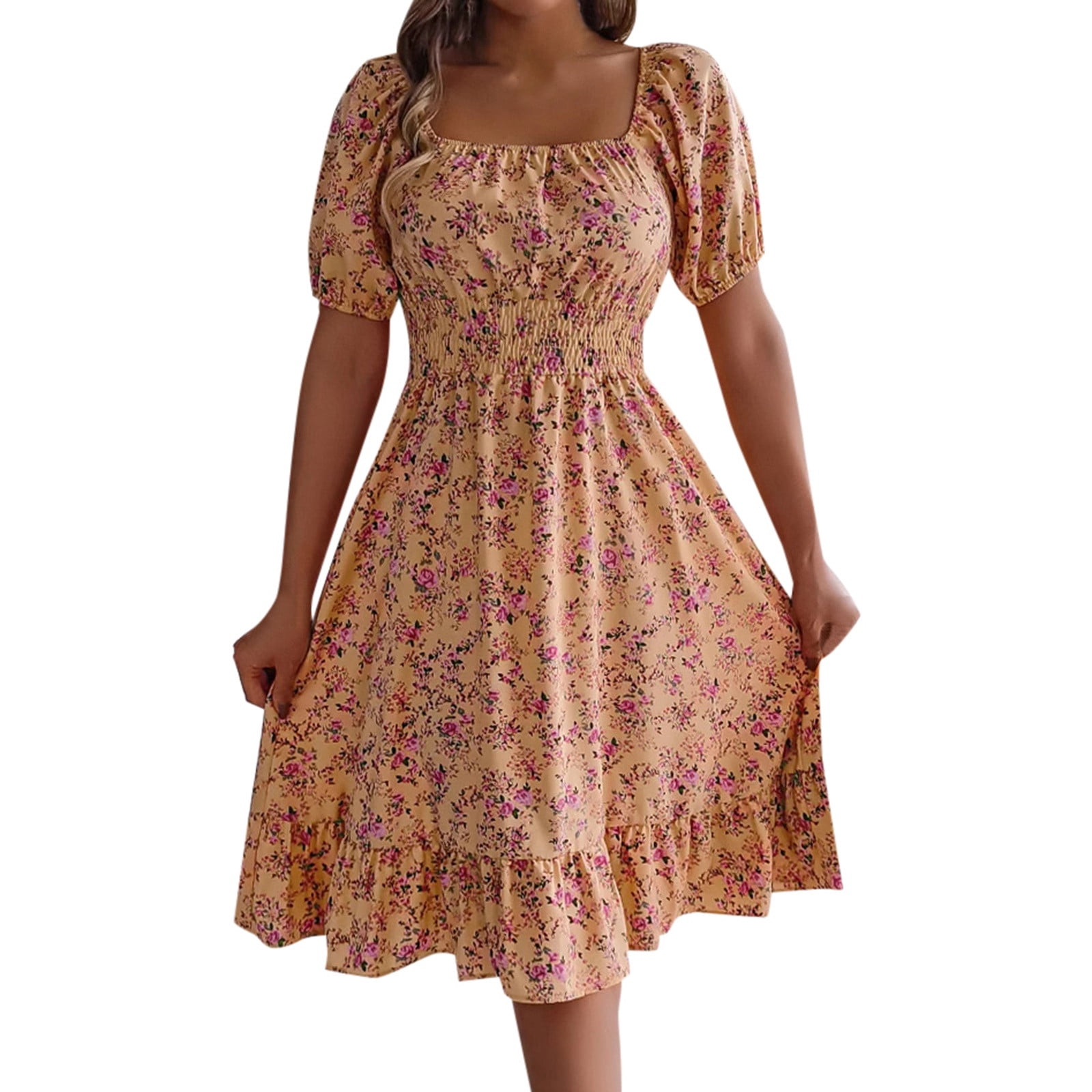 Fshinging Women Dresses Floral Print Square Neck Short Sleeve Waist A ...