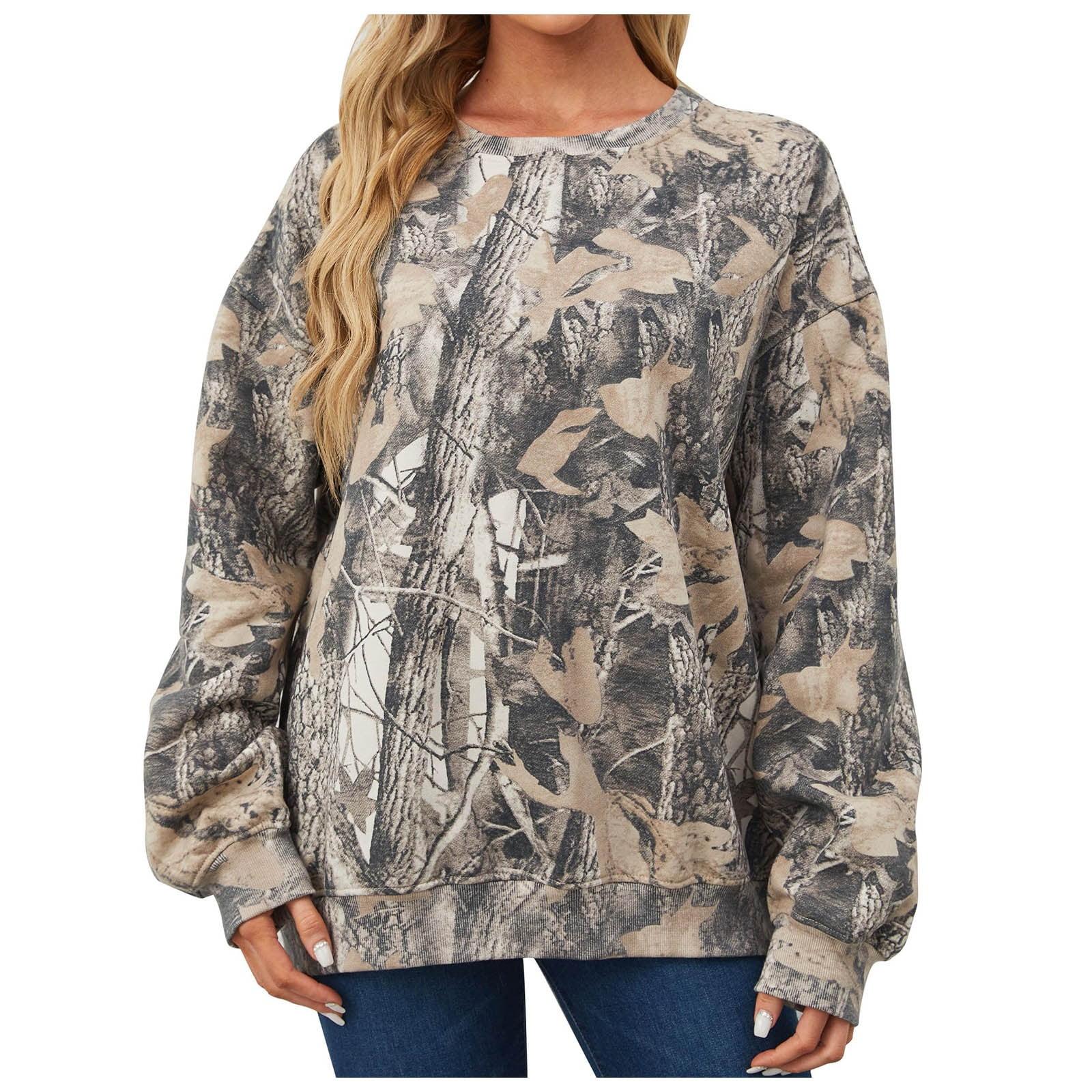 Fshinging Women Hoodies & Sweatshirts Maple Leaf Print Camo Long Sleeve ...