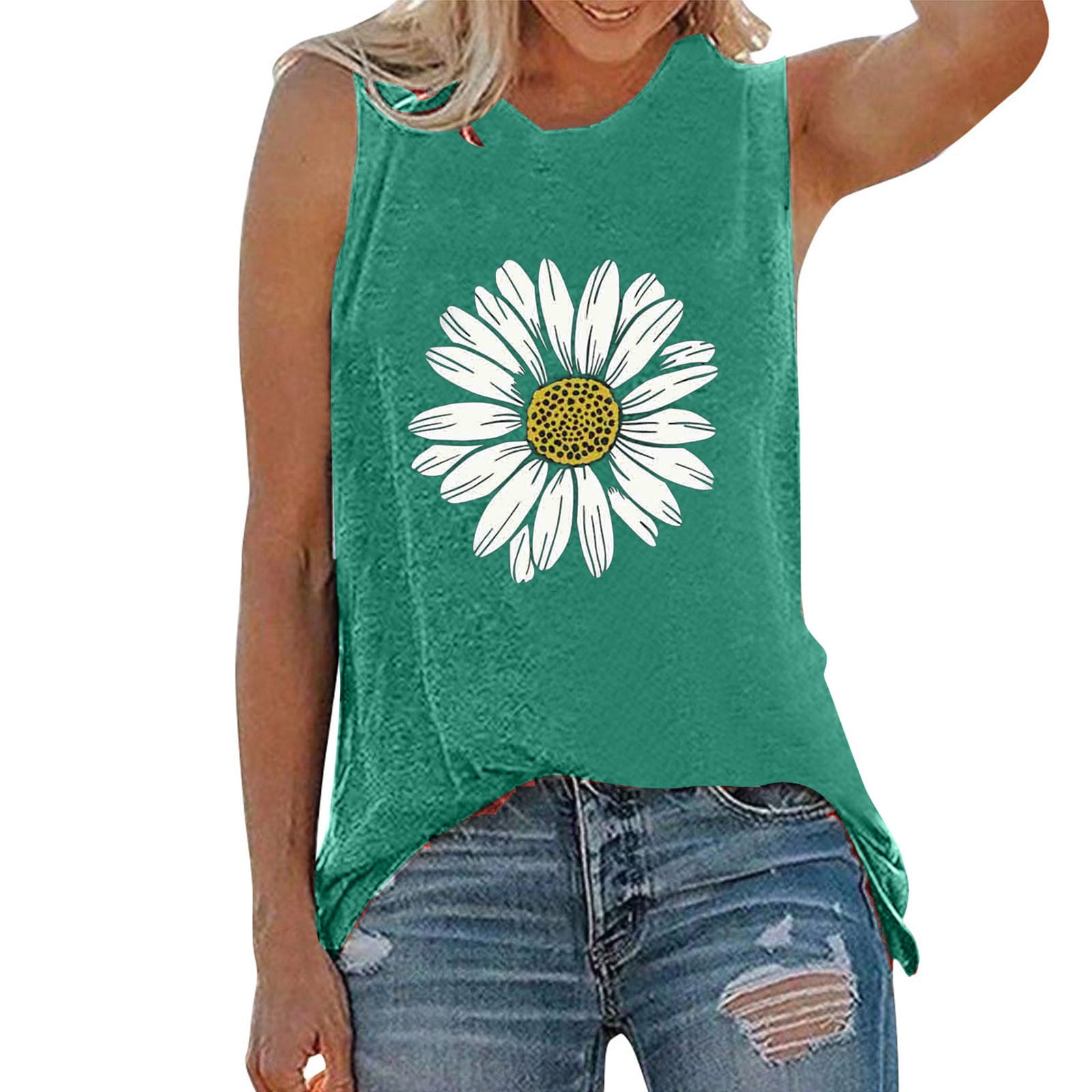 Fshinging Women'S Tank Tops Daisy Flower Print Casual Sleeveless T ...