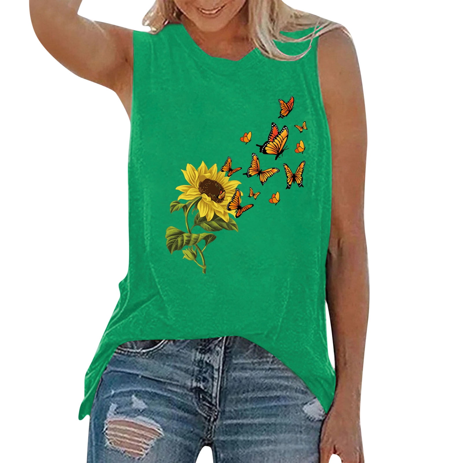 Fshinging Women'S Tank Tops Sunflower Butterfly Print Casual Sleeveless ...