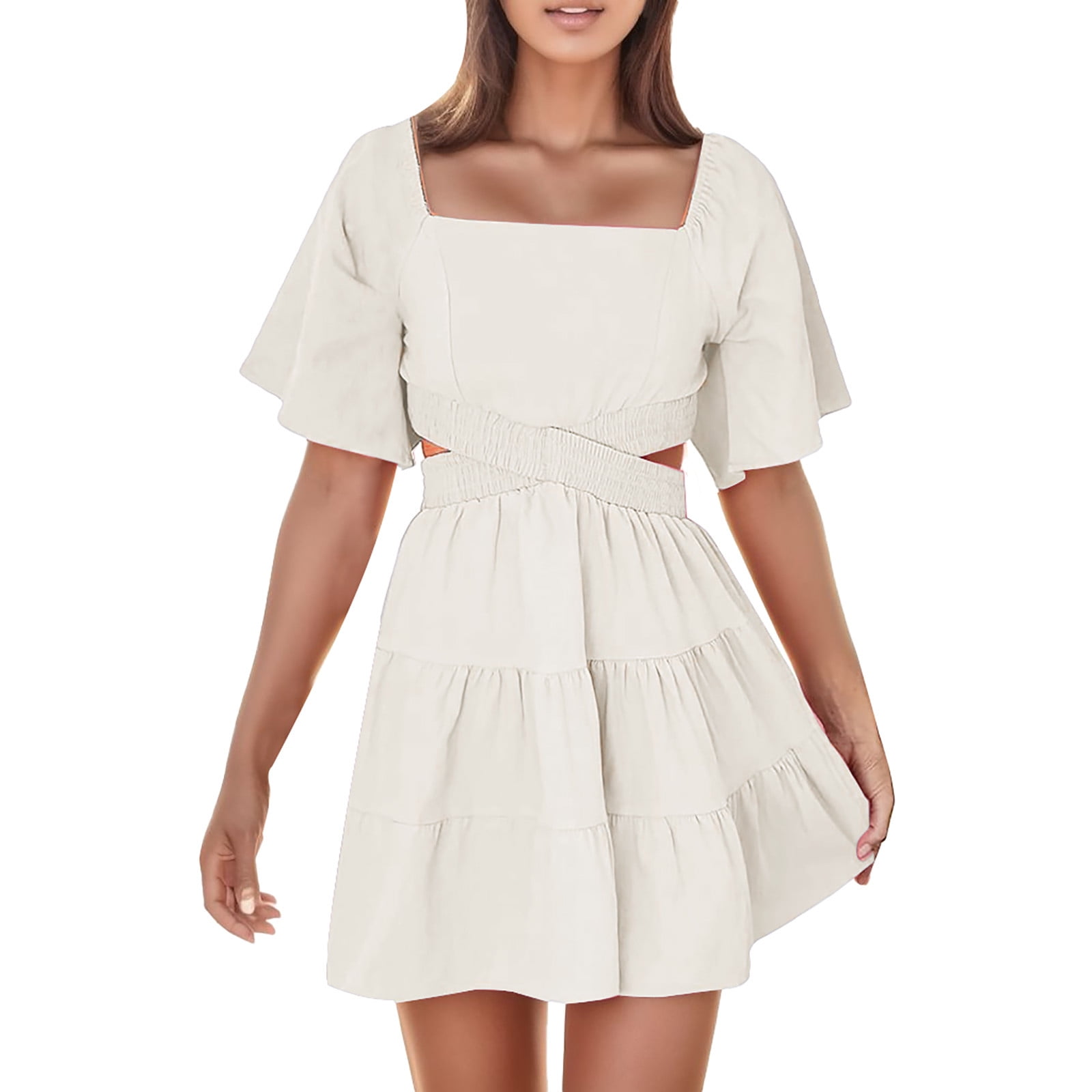 Fshinging Women Summer Dress Solid Square Neck Double Waistless With ...