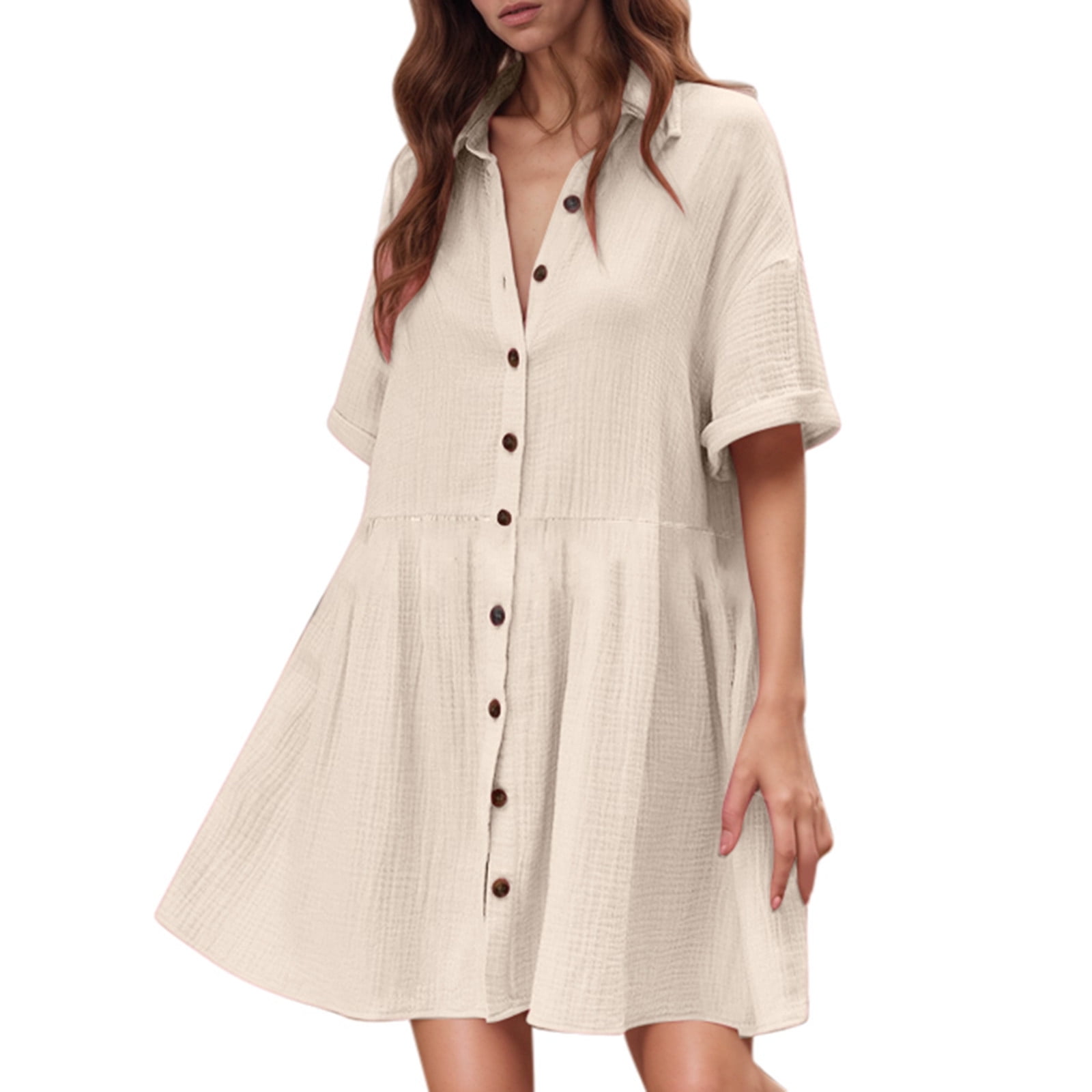 Fshinging Women Summer Dresses 2025 Solid Color And Linen Shirt Collar ...