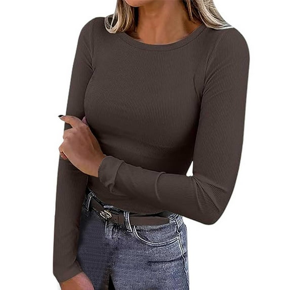 Fshinging Women Tops 2025 T Shirts Solid Color Basic Casual Ribbed Long Sleeve Sli Fit Women's ...