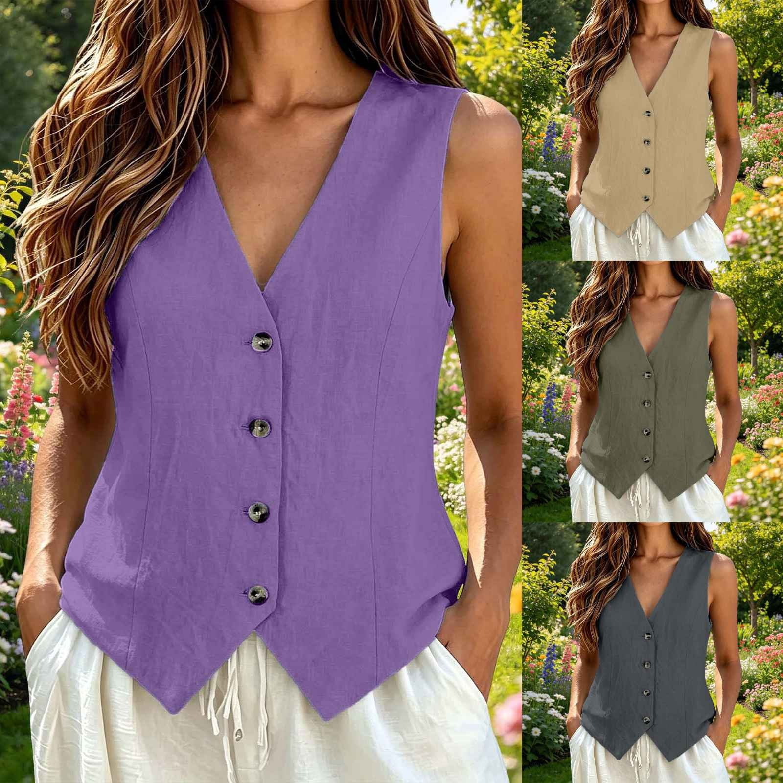 Fshinging Women's Linen Blend Button-Front Vests Sleeveless V-Neck ...