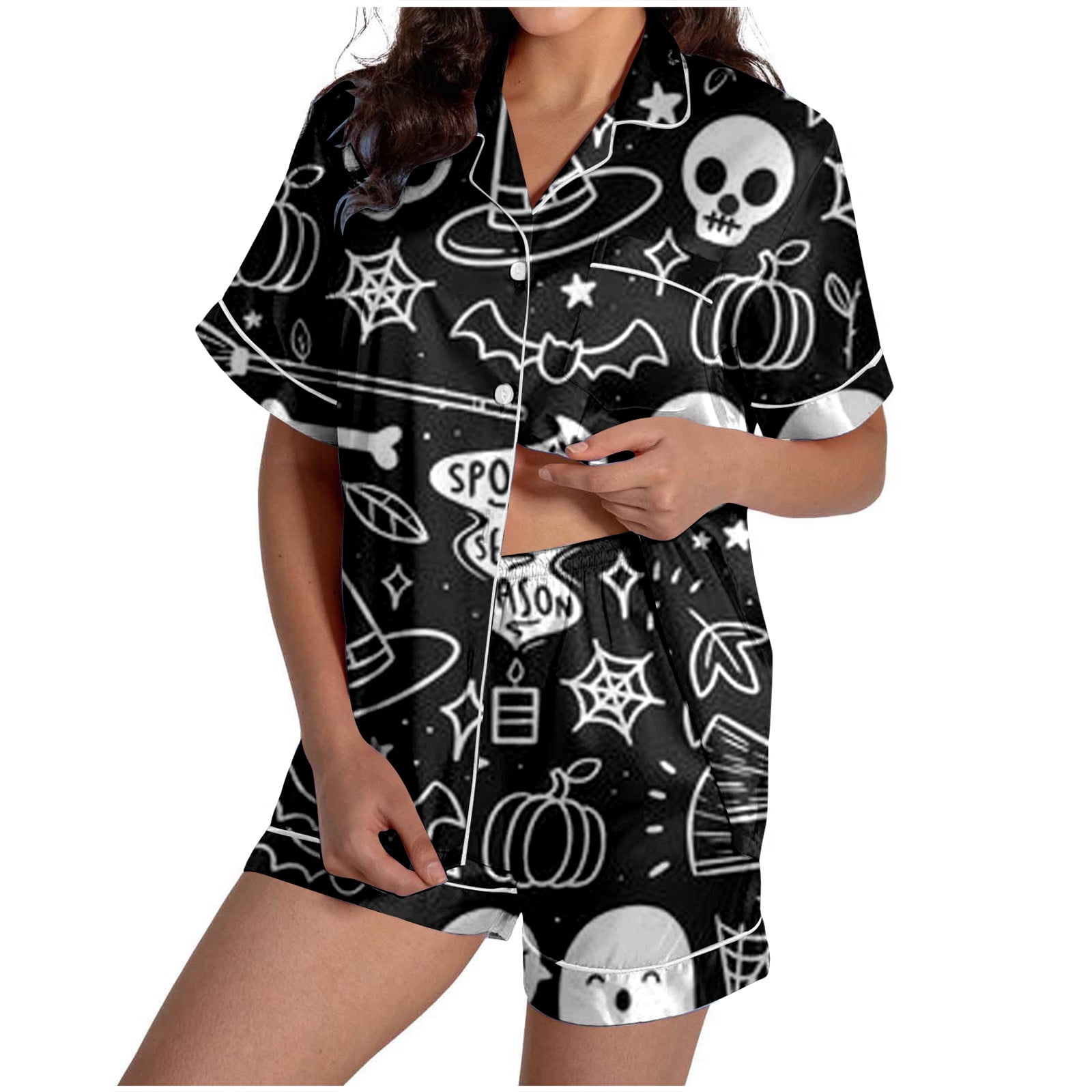 Fshinging Women's Pajamas Set Funny Ghost Printed Silk Satin Short ...