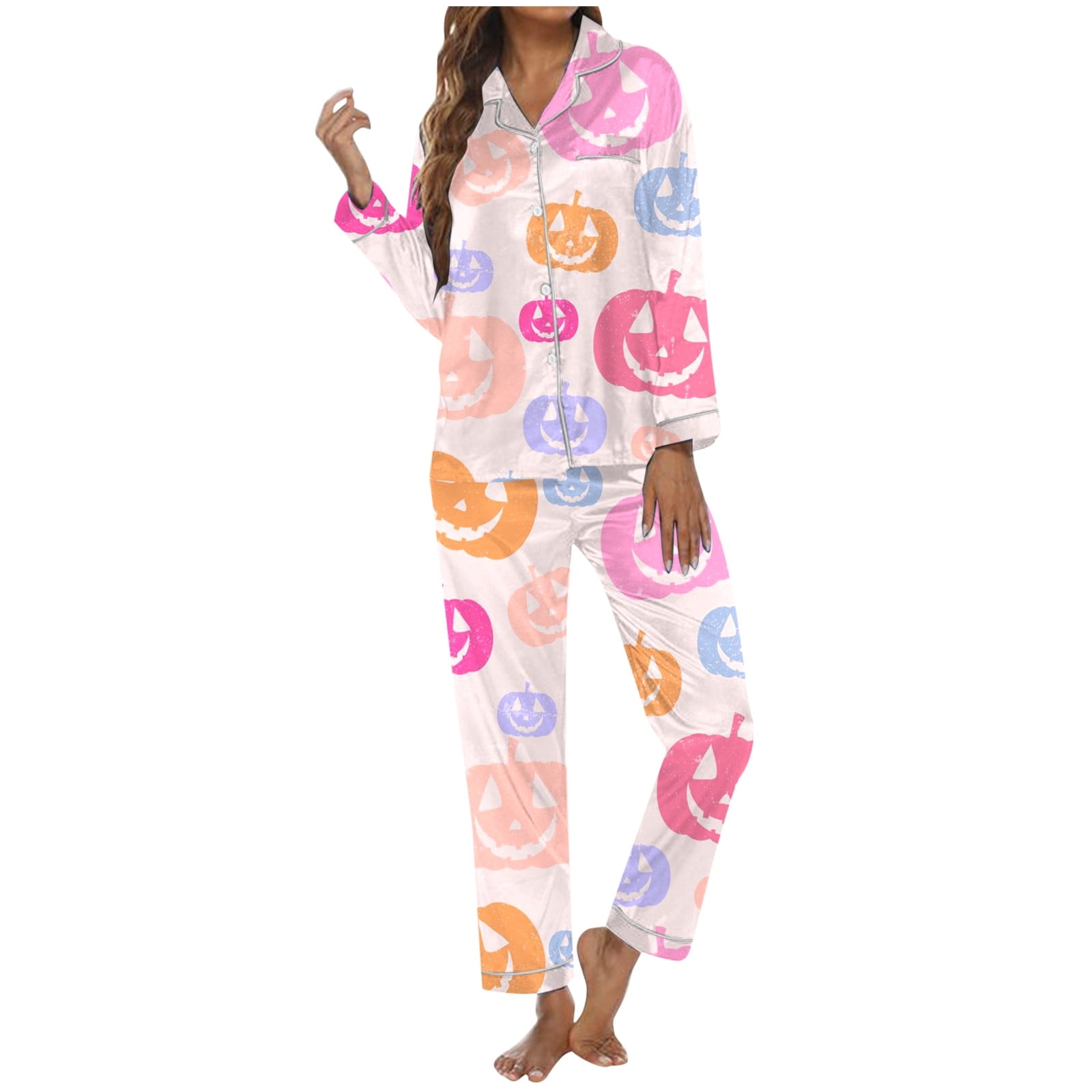 Fshinging Women's Pajamas Set Funny Skull Pumpkin Print Long Sleeve ...