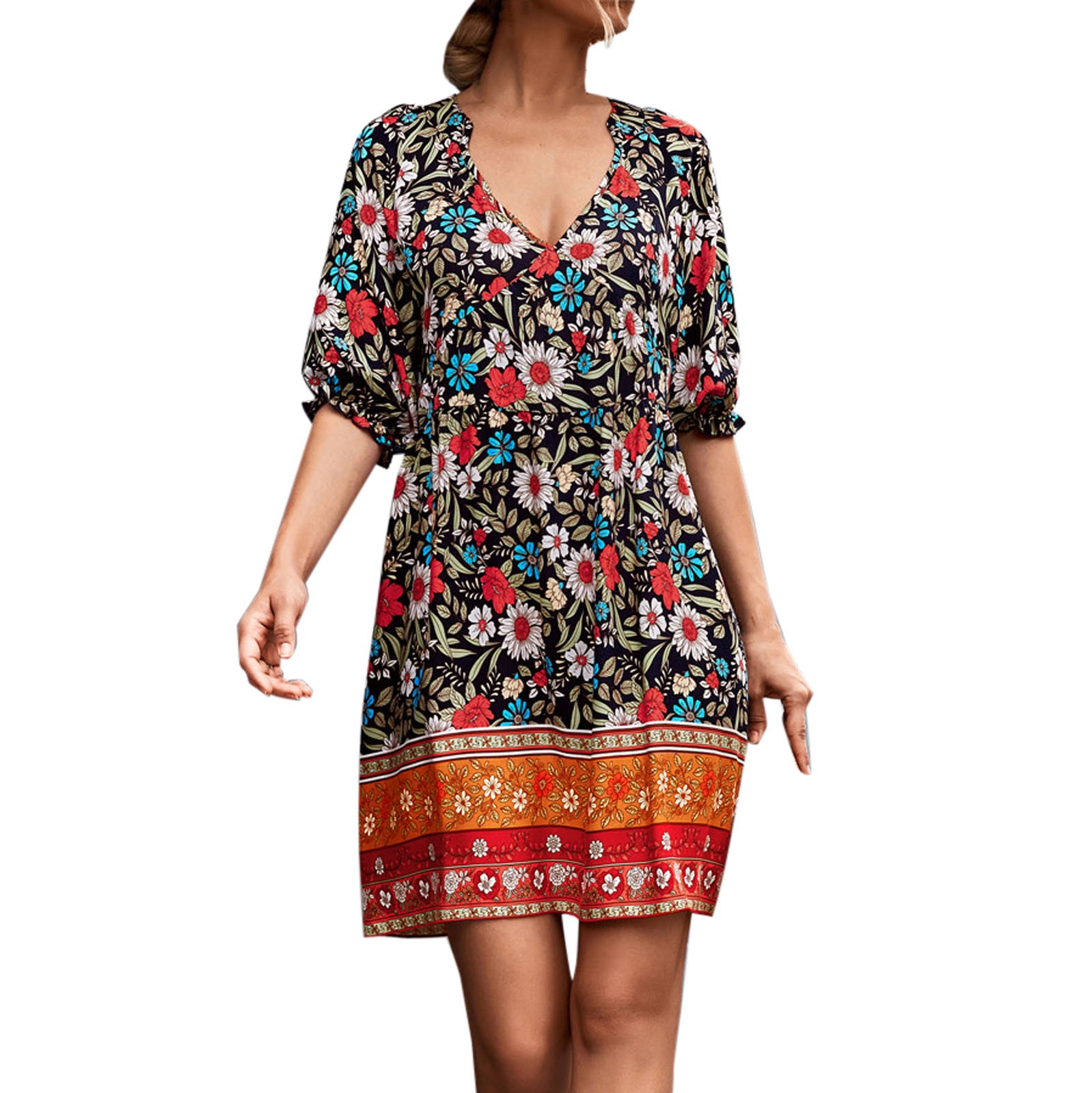 Fshinging Women's Summer Dresses Boho Floral Print Short Sleeve V Neck ...