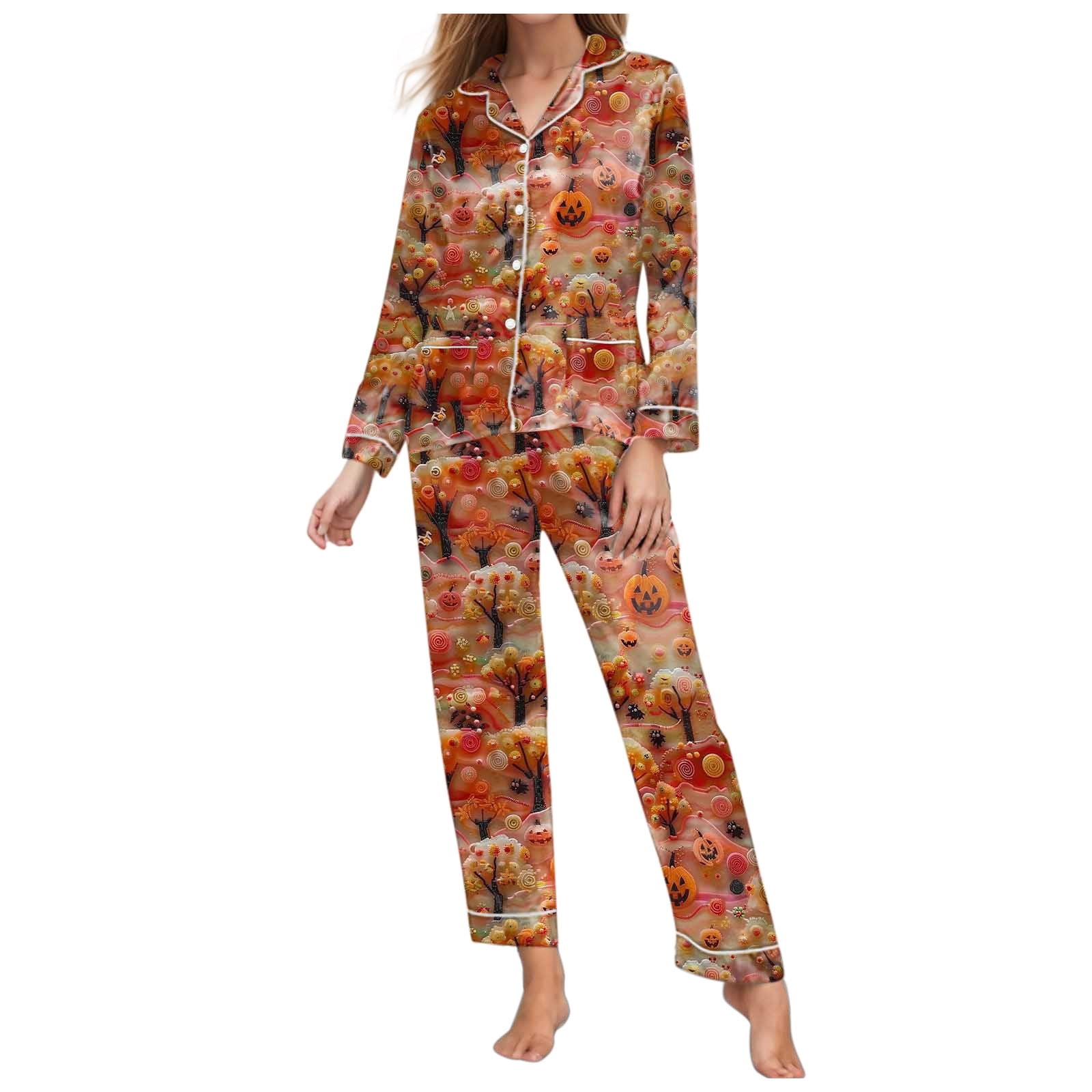 Fshinging Women's Summer Pajamas Funny Skull Pumpkin Print Long Sleeve ...