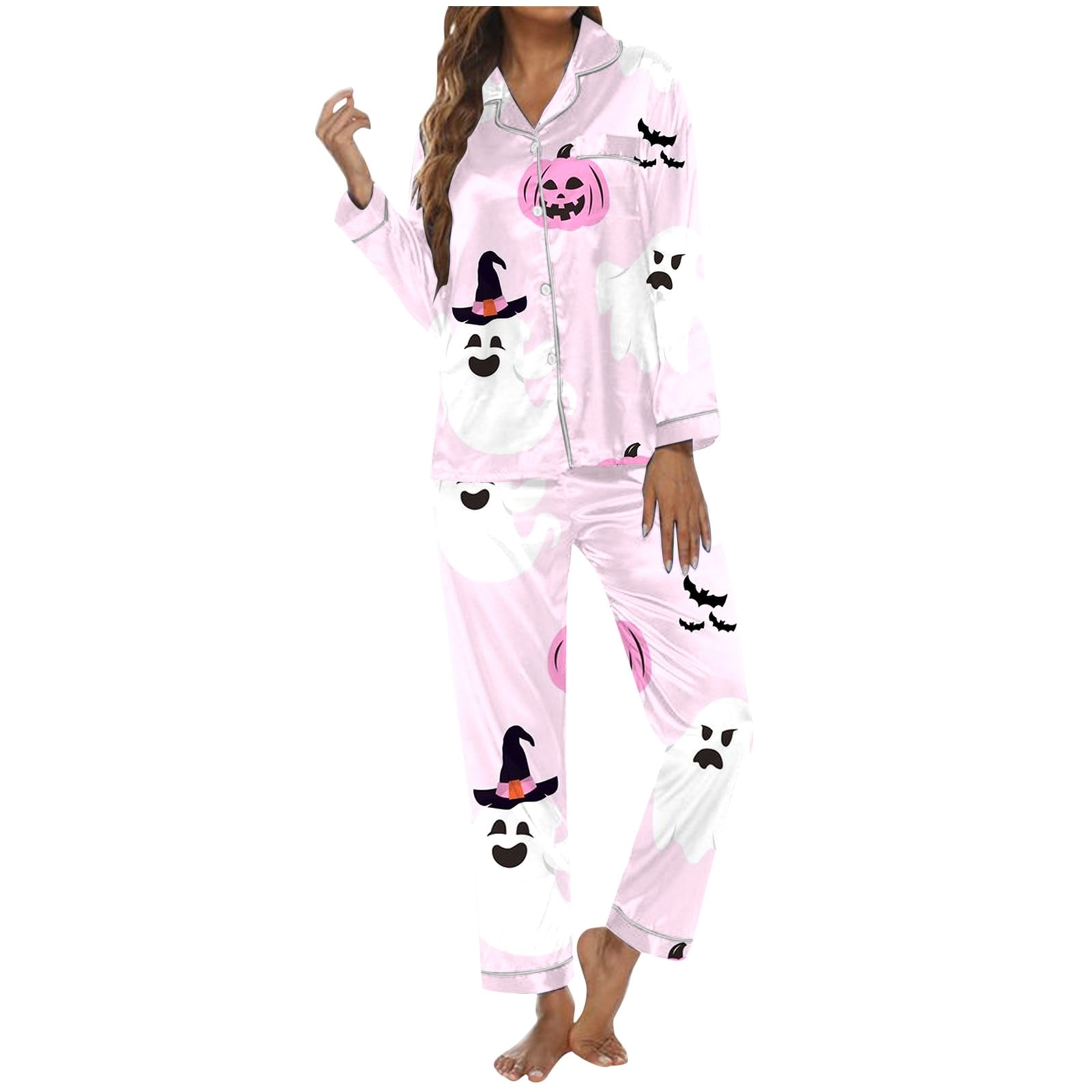 Fshinging Women's Summer Pajamas Scary Funny Pumpkin Ghost Print Long ...