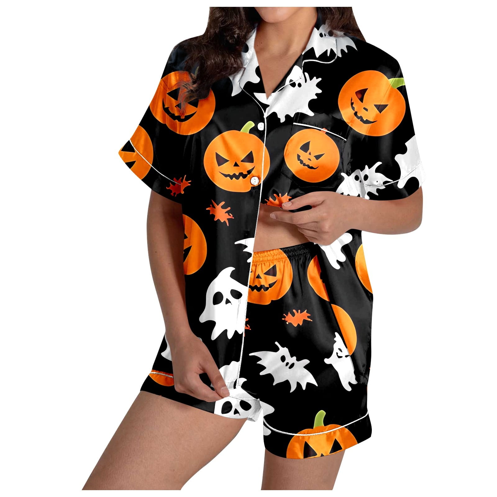Fshinging Women's Summer Pajamas Silk Satin Pumpkin Bat Print Short Sleeve Button Down Shirts ...