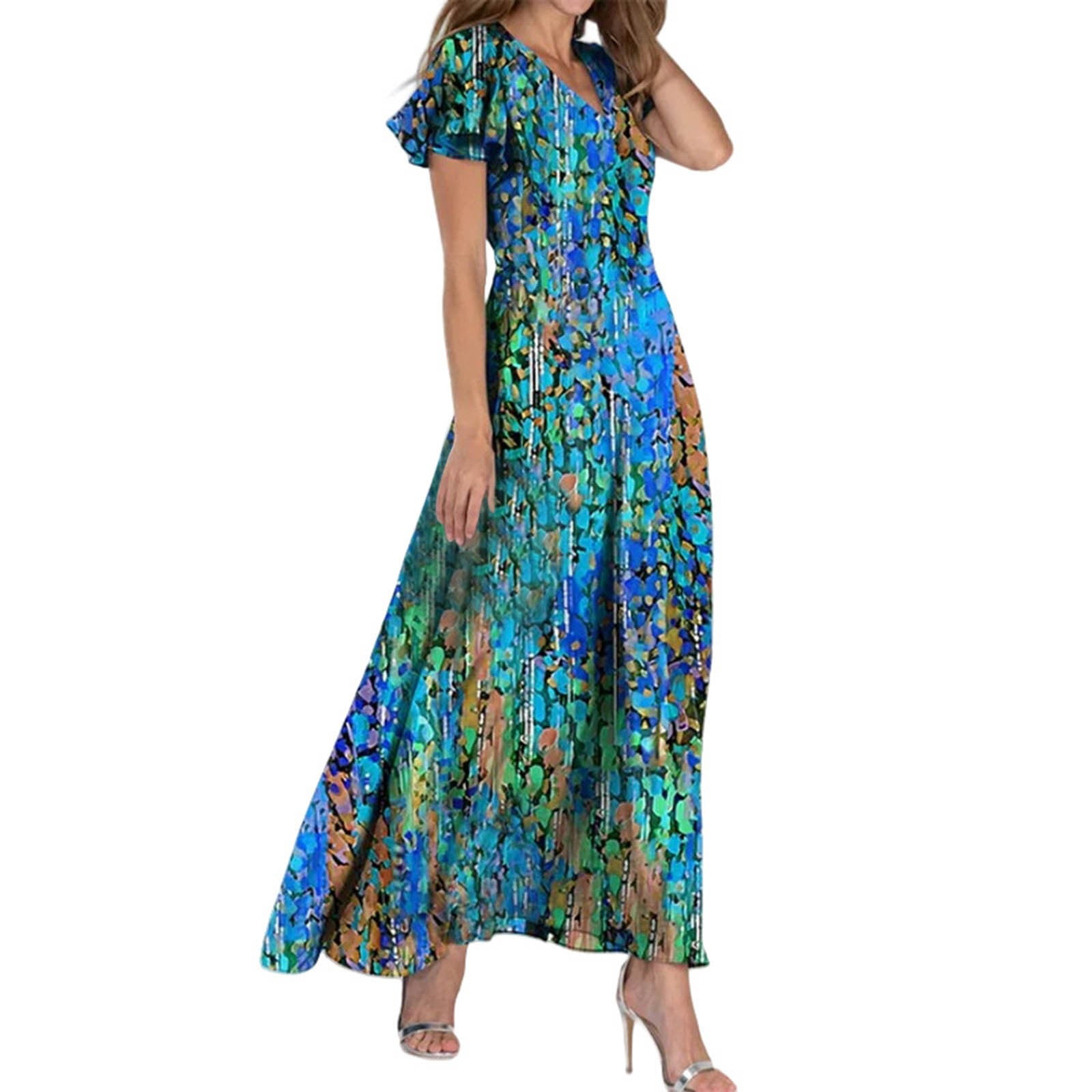 Fshinging Womens 2025 Summer Dresses Boho Maxi Floral Short Sleeve V ...