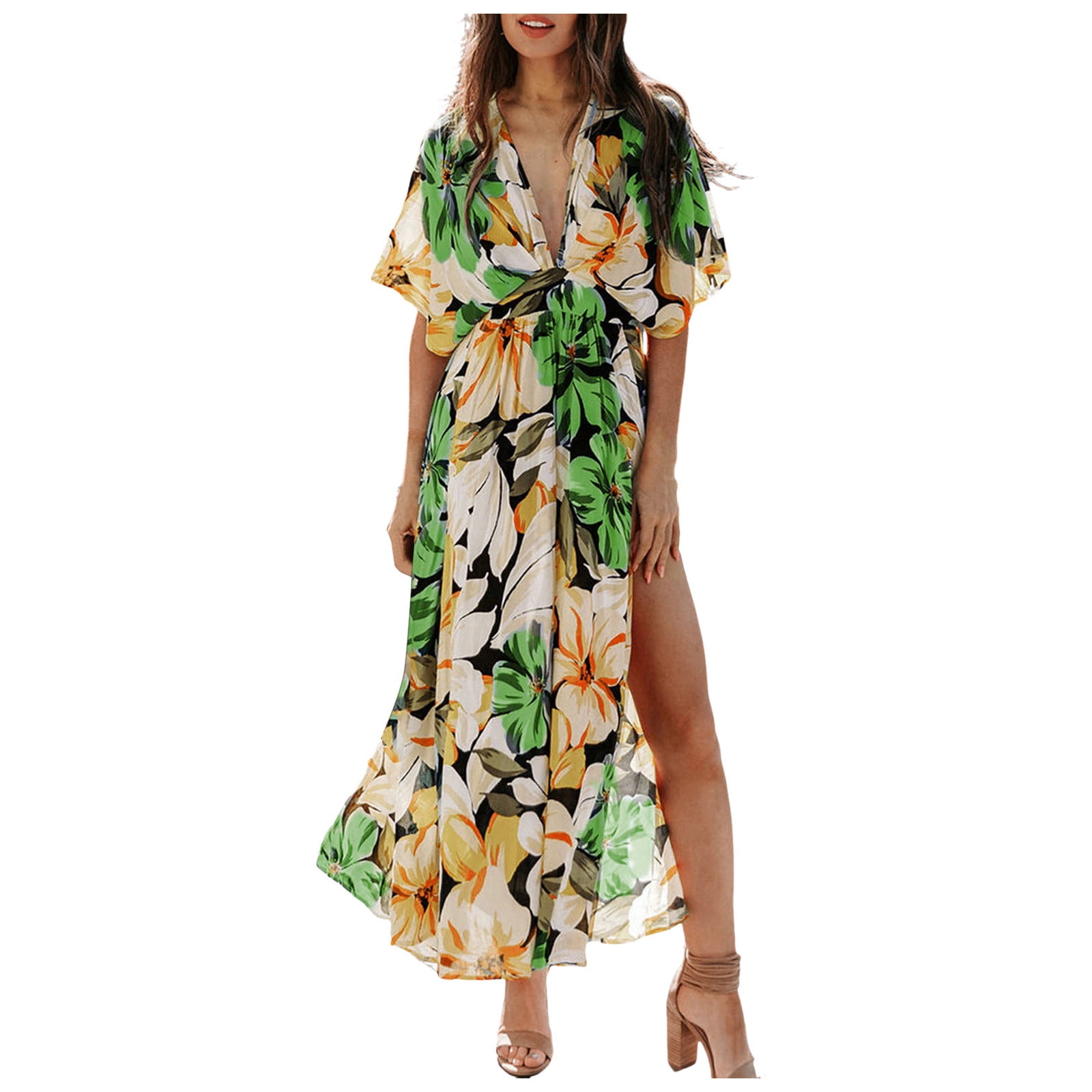 Fshinging Womens Dresses Boho Floral Print Short Sleeve Deep V Lace Up ...