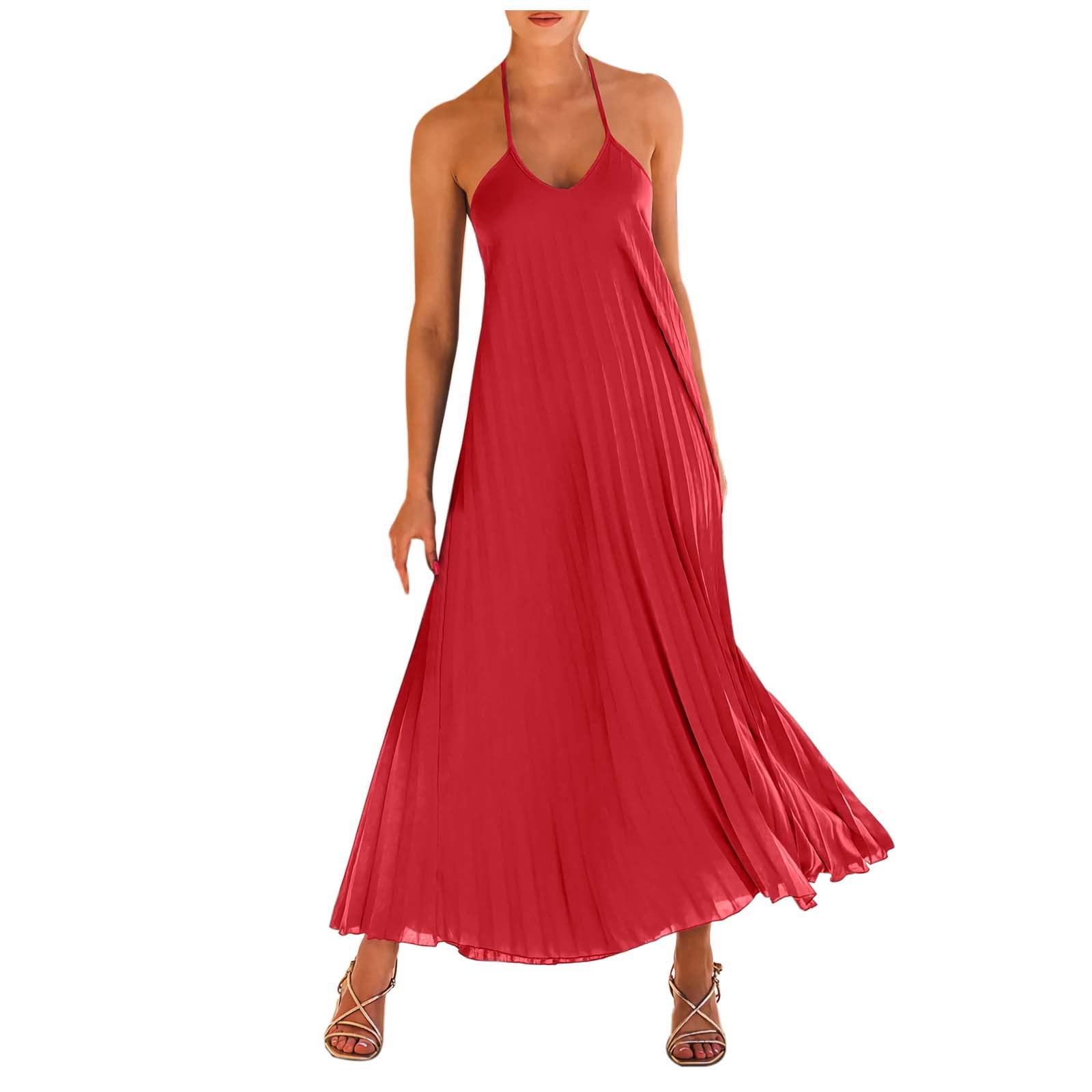 Fshinging Womens Dresses Casual A Pose Pleated Beach Resort Style Solid ...