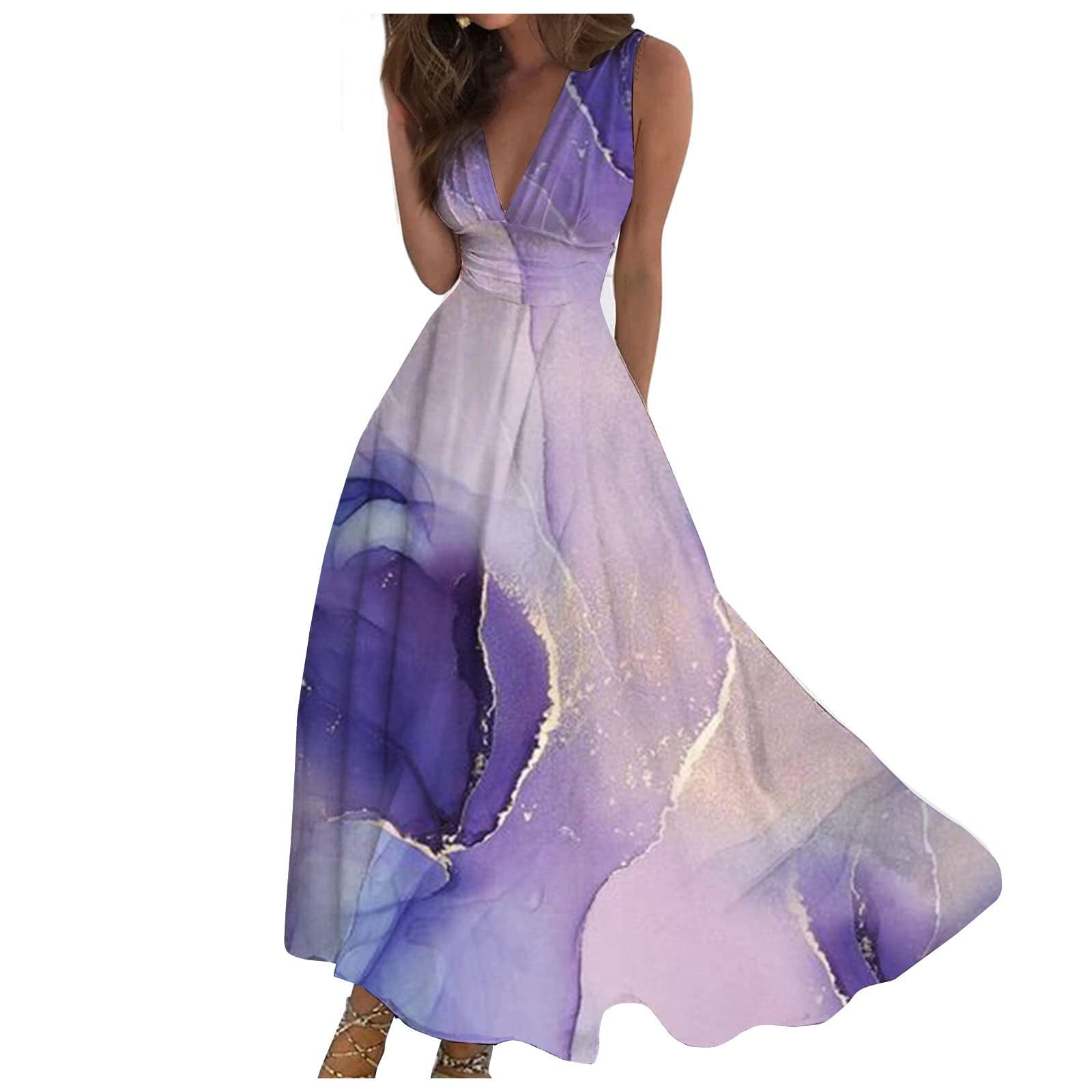 Fshinging Womens Dresses Color Block Sleeveless V Neck A-Line Casual ...