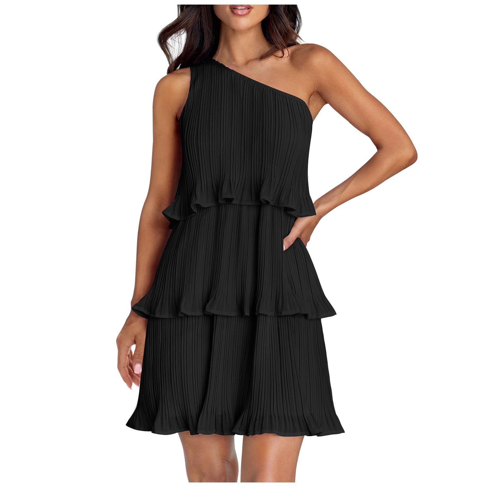 Fshinging Womens Dresses Sleeveless Mini Boho One Shoulder Ruffle ...