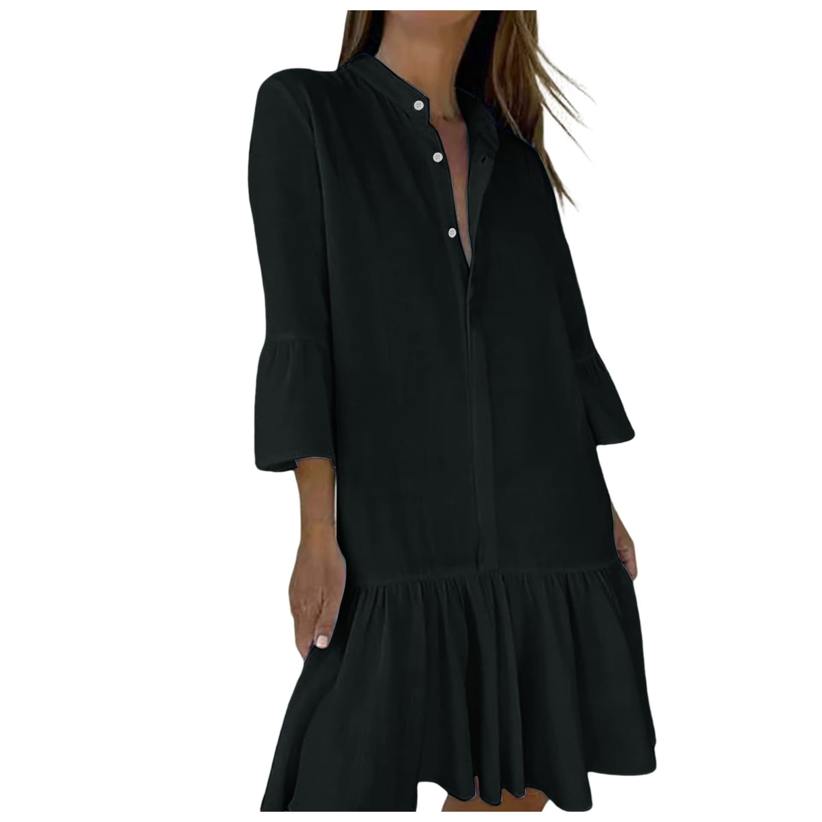 Fshinging Womens Dresses Solid Long Sleeve Ruffle Hem Loose Casual ...