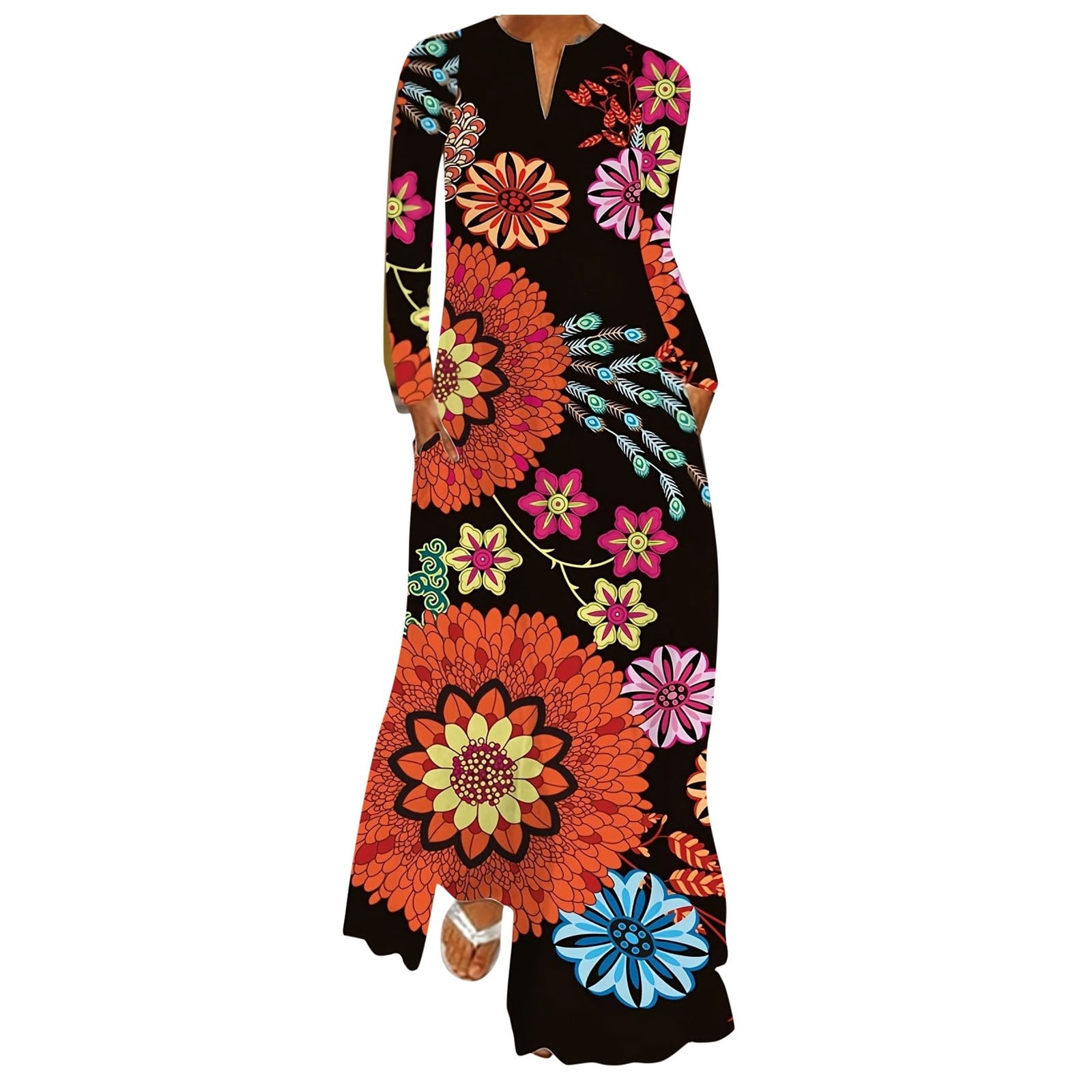 Fshinging Womens Dummer Fresses Plus Size Vintage Floral Print Long ...