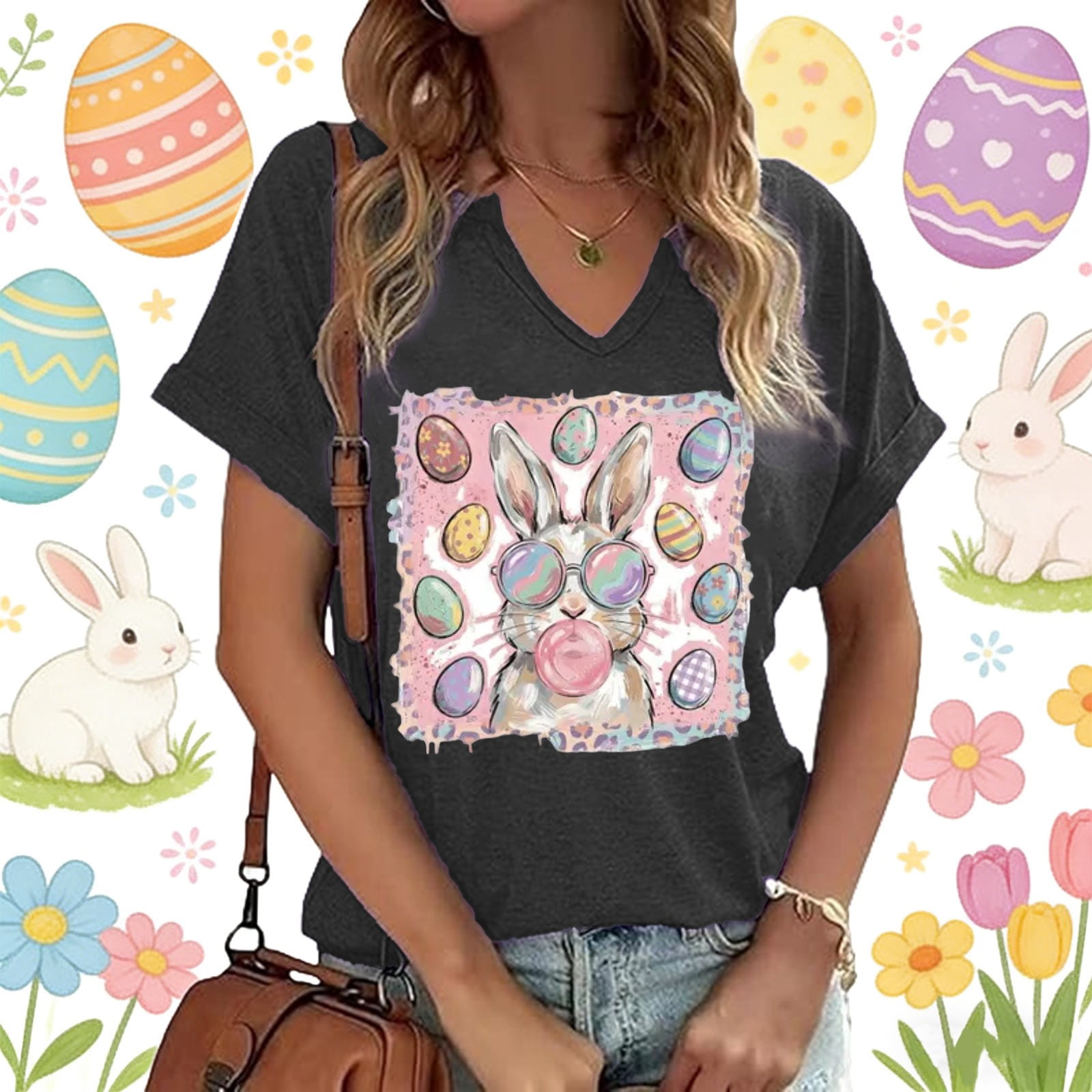 Fshinging Womens Fashion Tees Tops Easter Eggs Rabbit Graphic Short ...