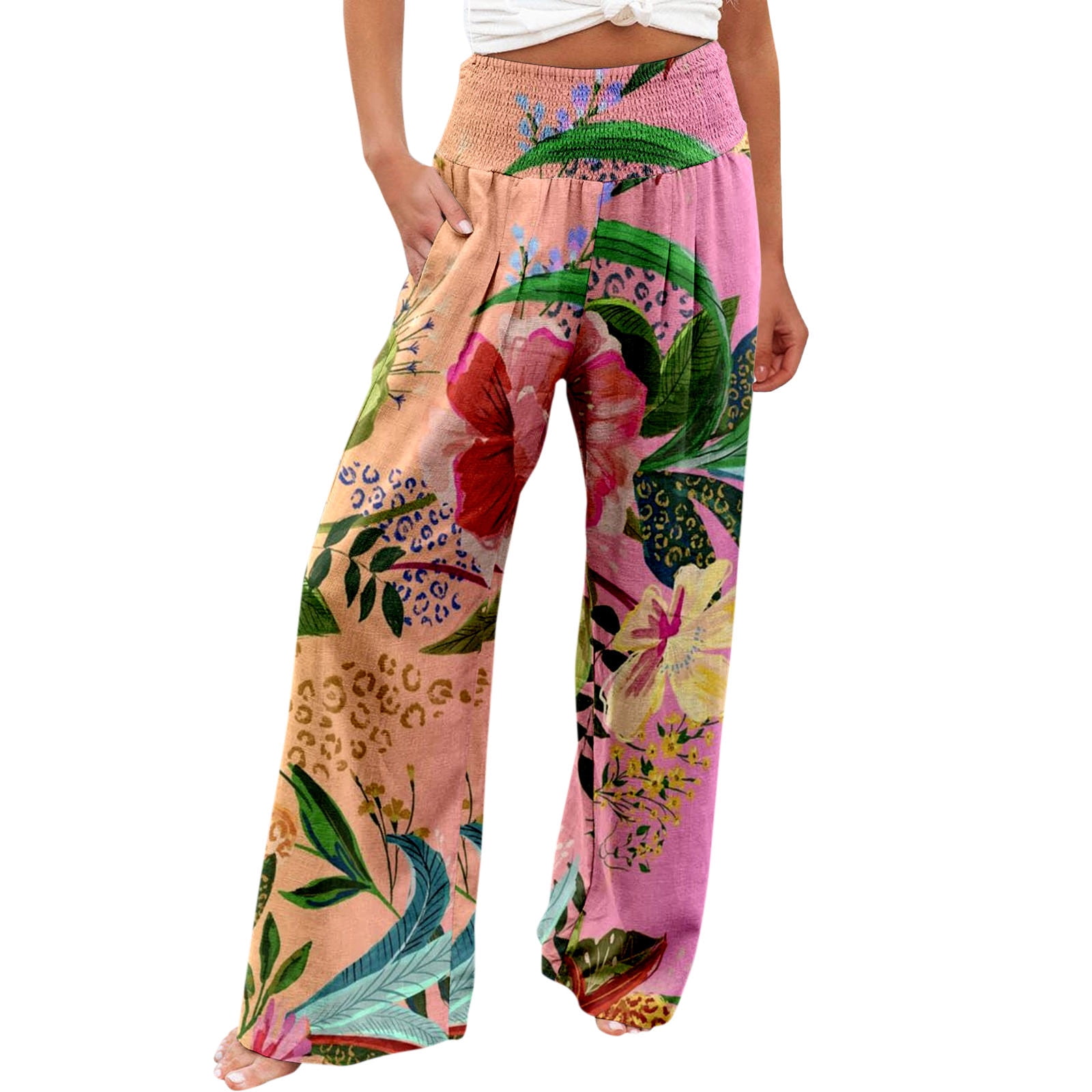 Fshinging Womens Pants Casual Fashion Beach Elastic Waist Wide Leg ...