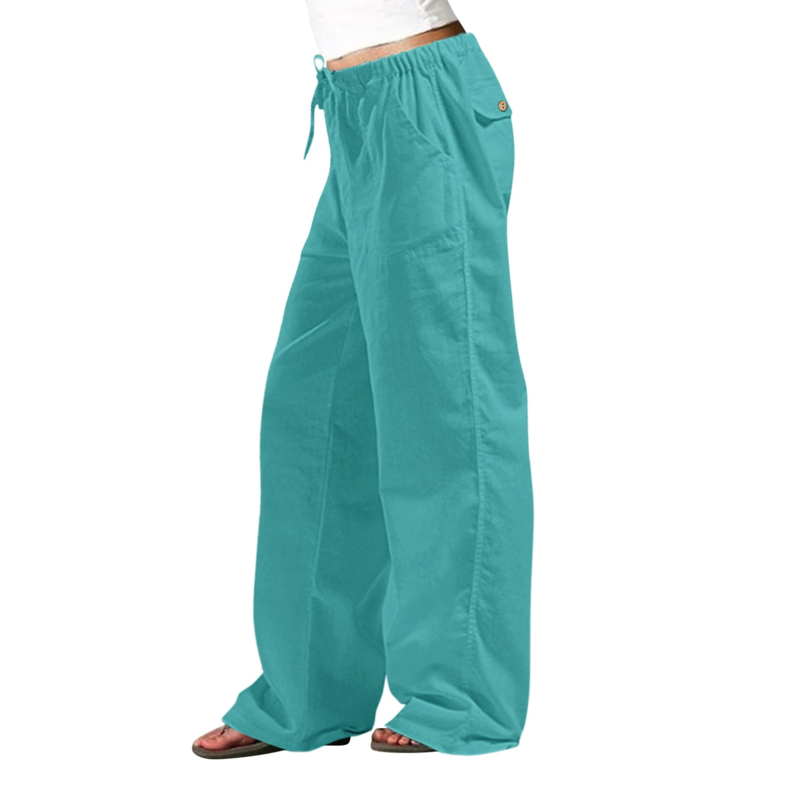 Fshinging Womens Pants Casual Solid Color Loose Pockets Elastic Belt