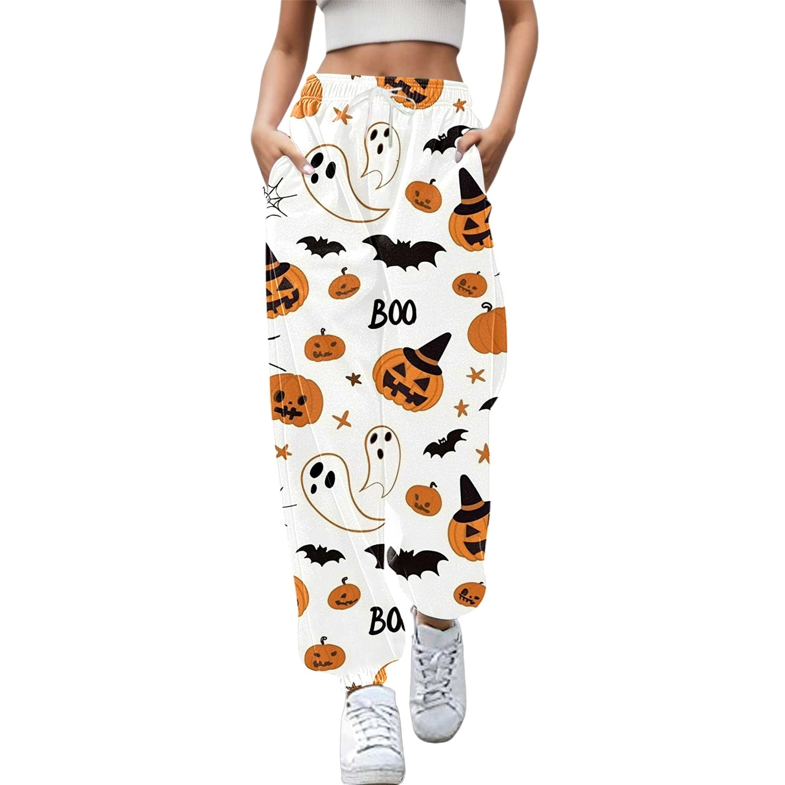 Fshinging Womens Pants Halloween Sweatpants Ghost Pumpkin Print Graphic ...