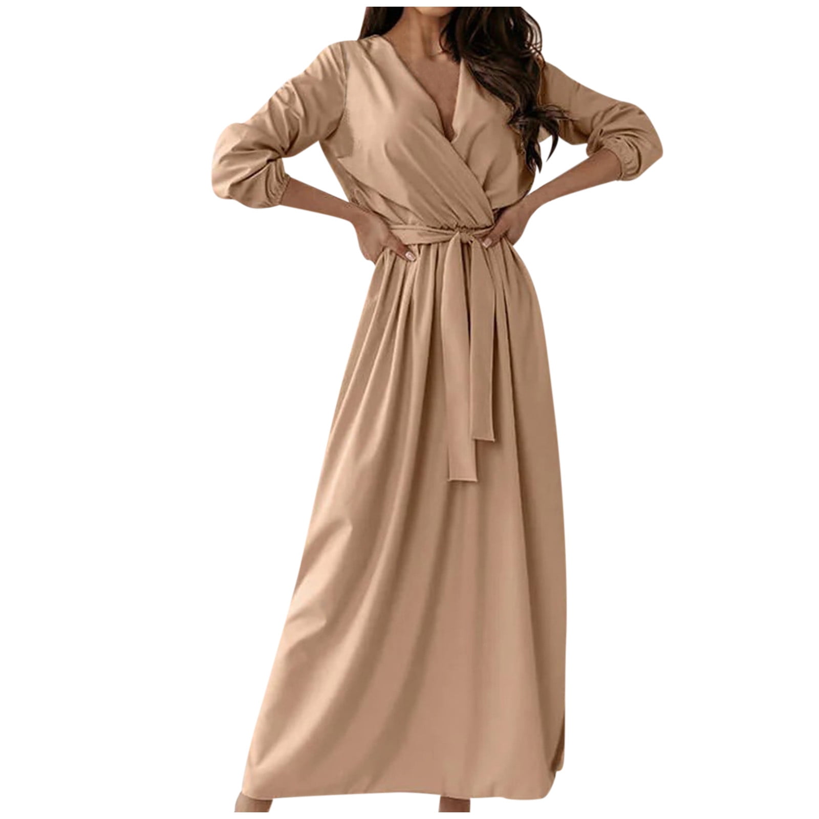 Fshinging Womens Summer Dresses Long V-Neck Soft Long Sleeve Solid ...
